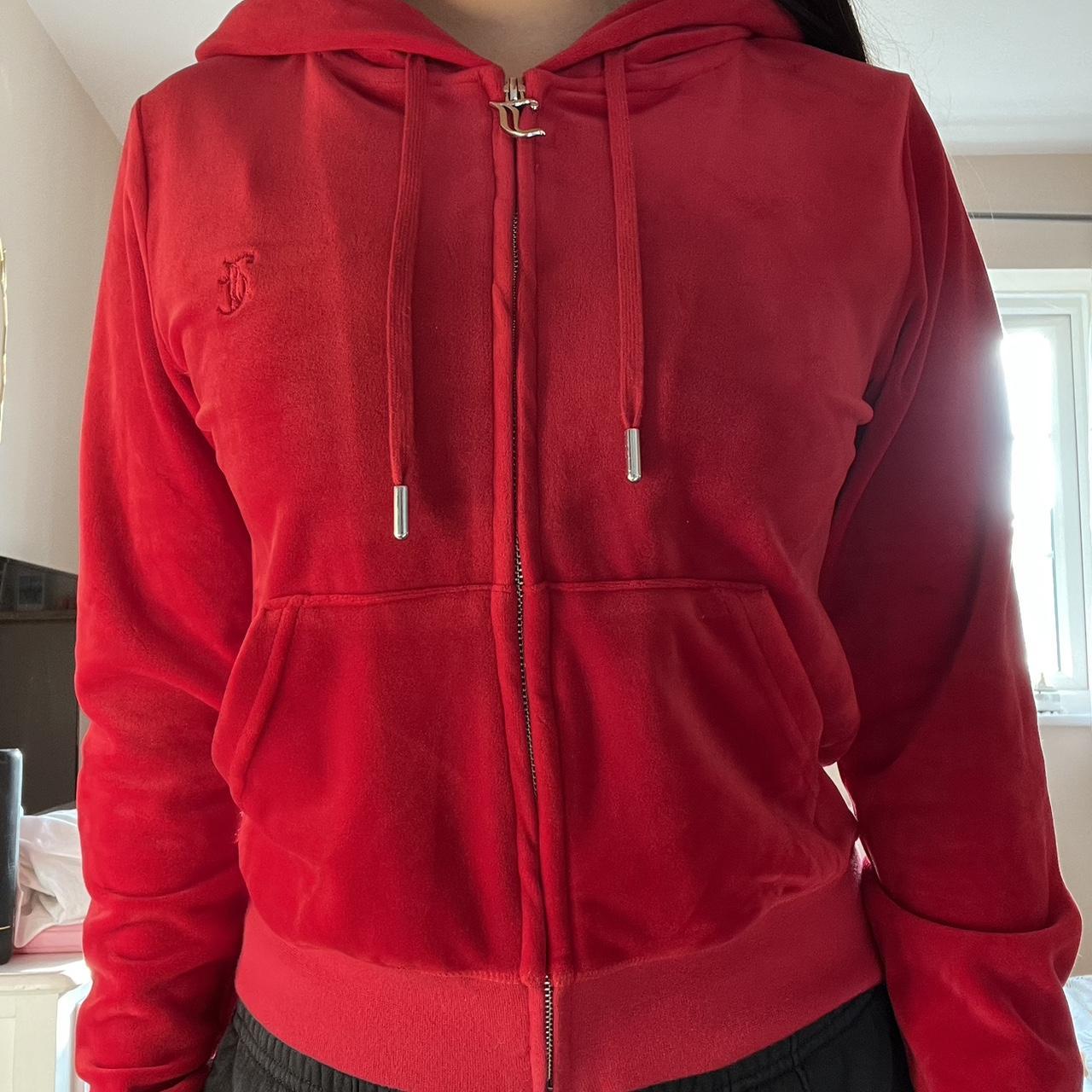 size small, red velour juicy hoodie blank back with... - Depop
