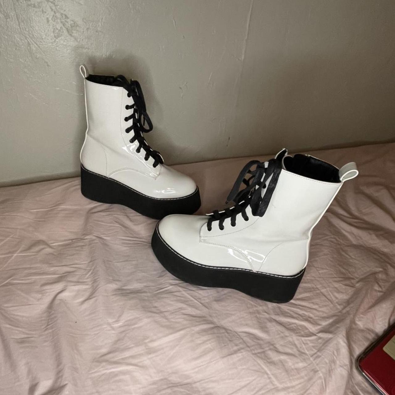 white boots 3 inch platform womens size 7 mens... - Depop