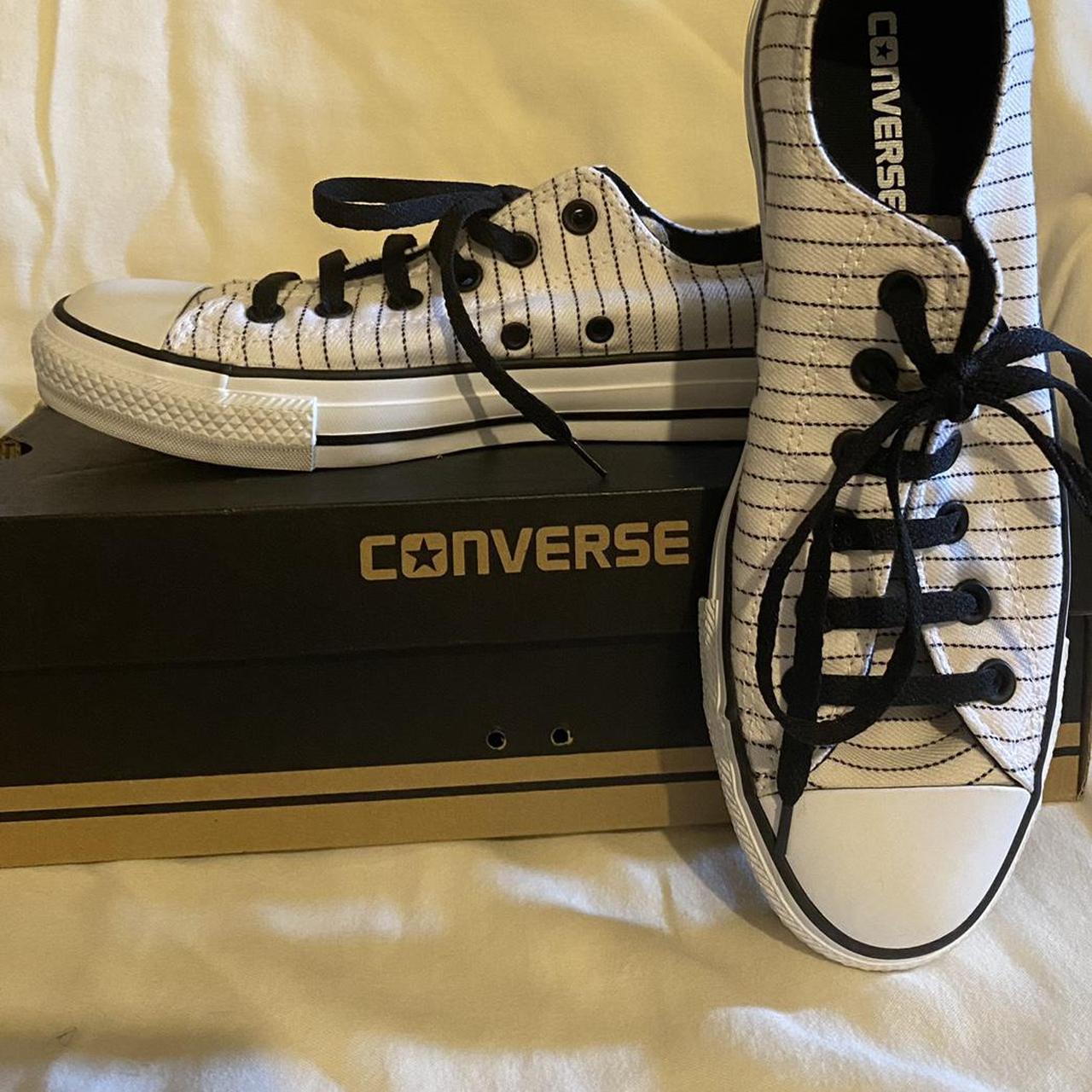 cute white and black striped converse. barely worn.... - Depop