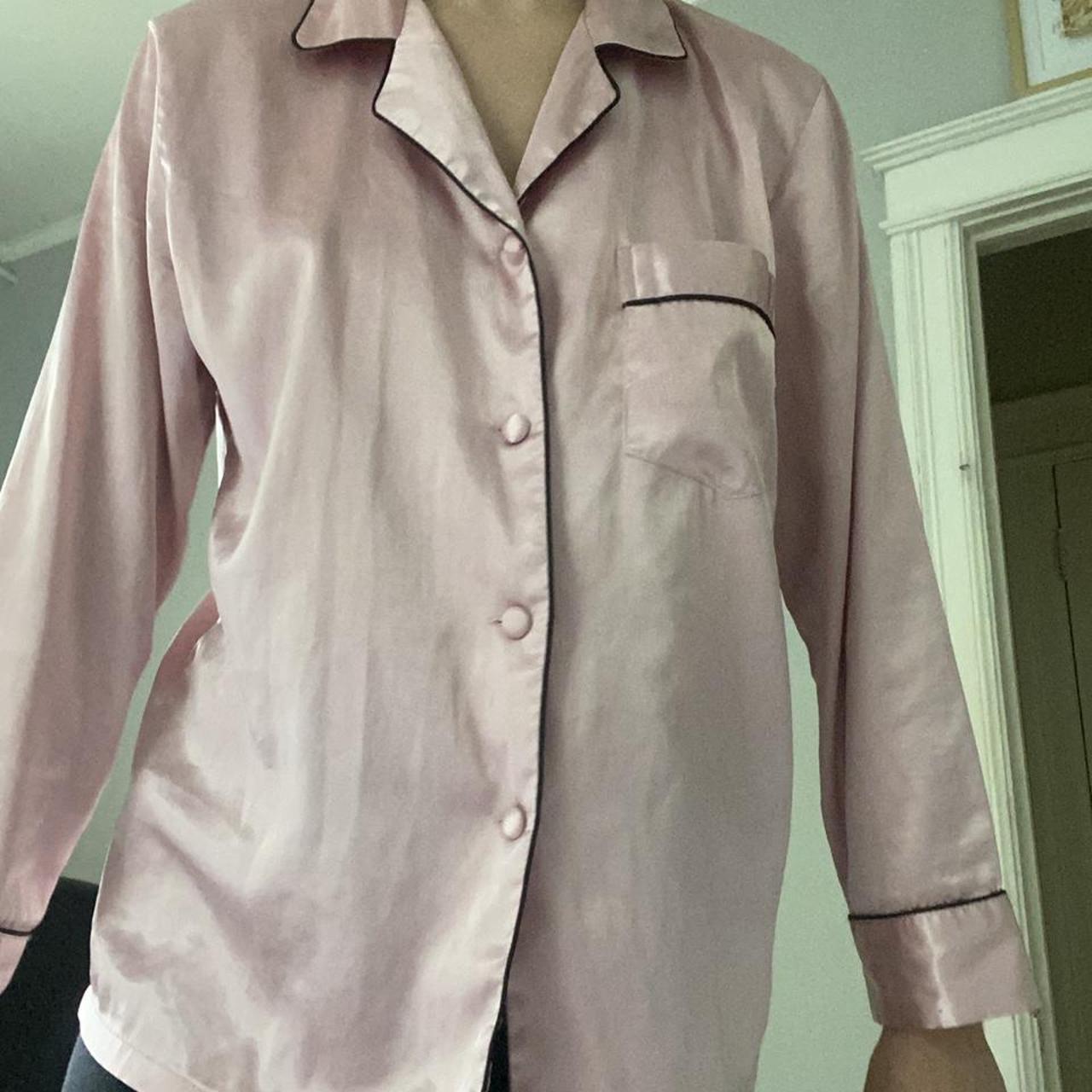 Pink satin polyester pj top! Soft cozy fabric... - Depop