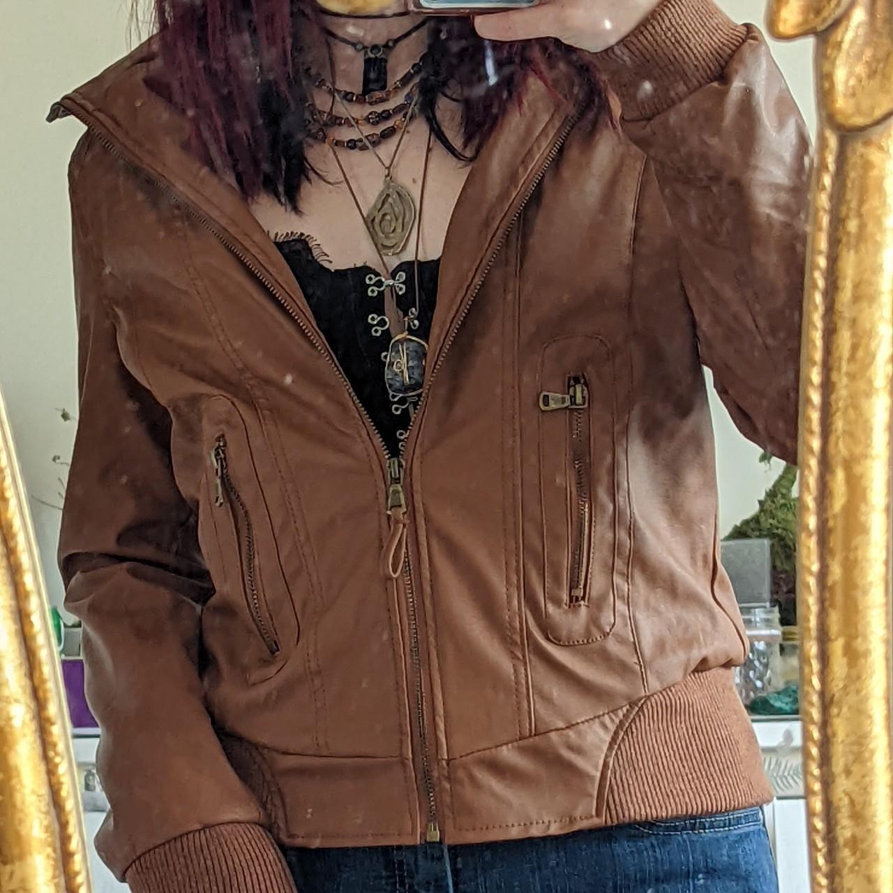 Brown leather fluffy hood jacket Leather will be... | Depop