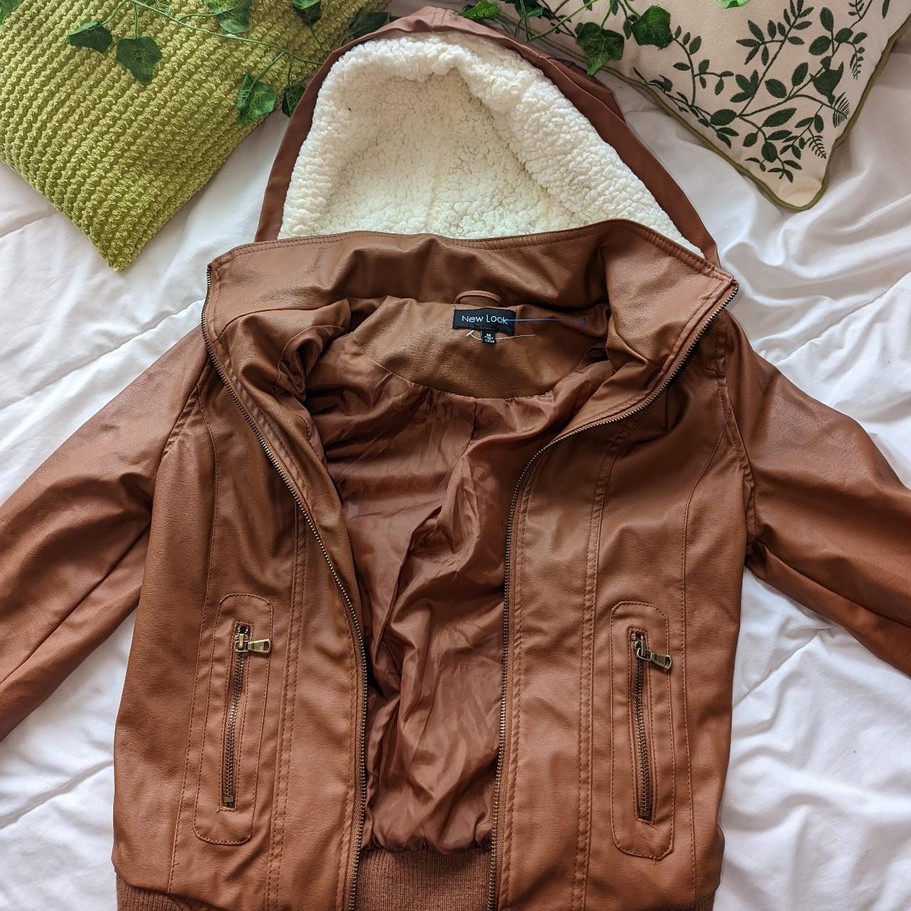 Brown leather fluffy hood jacket Leather will be... | Depop