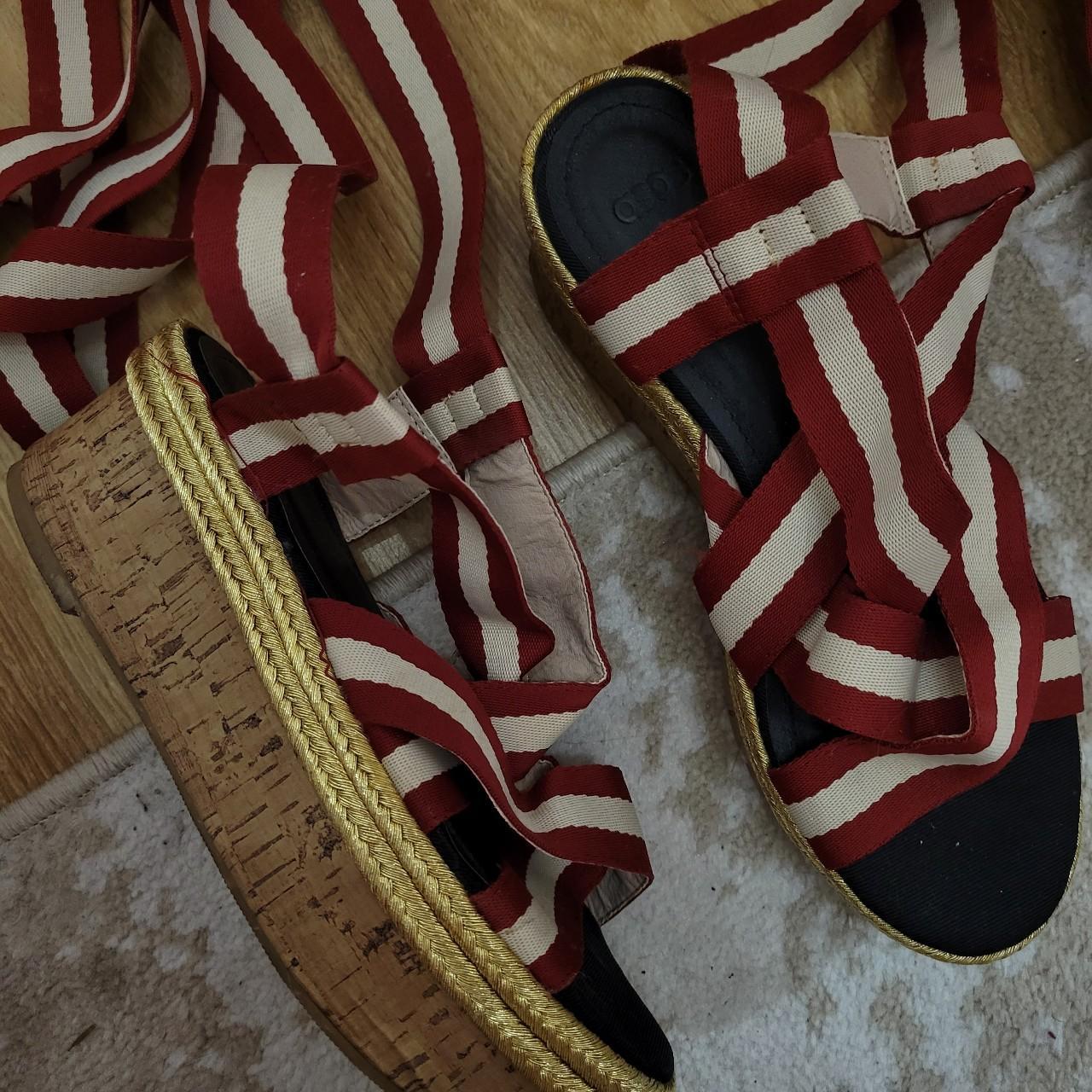 Asos Red & white stripe tie up flat wedges UK... - Depop