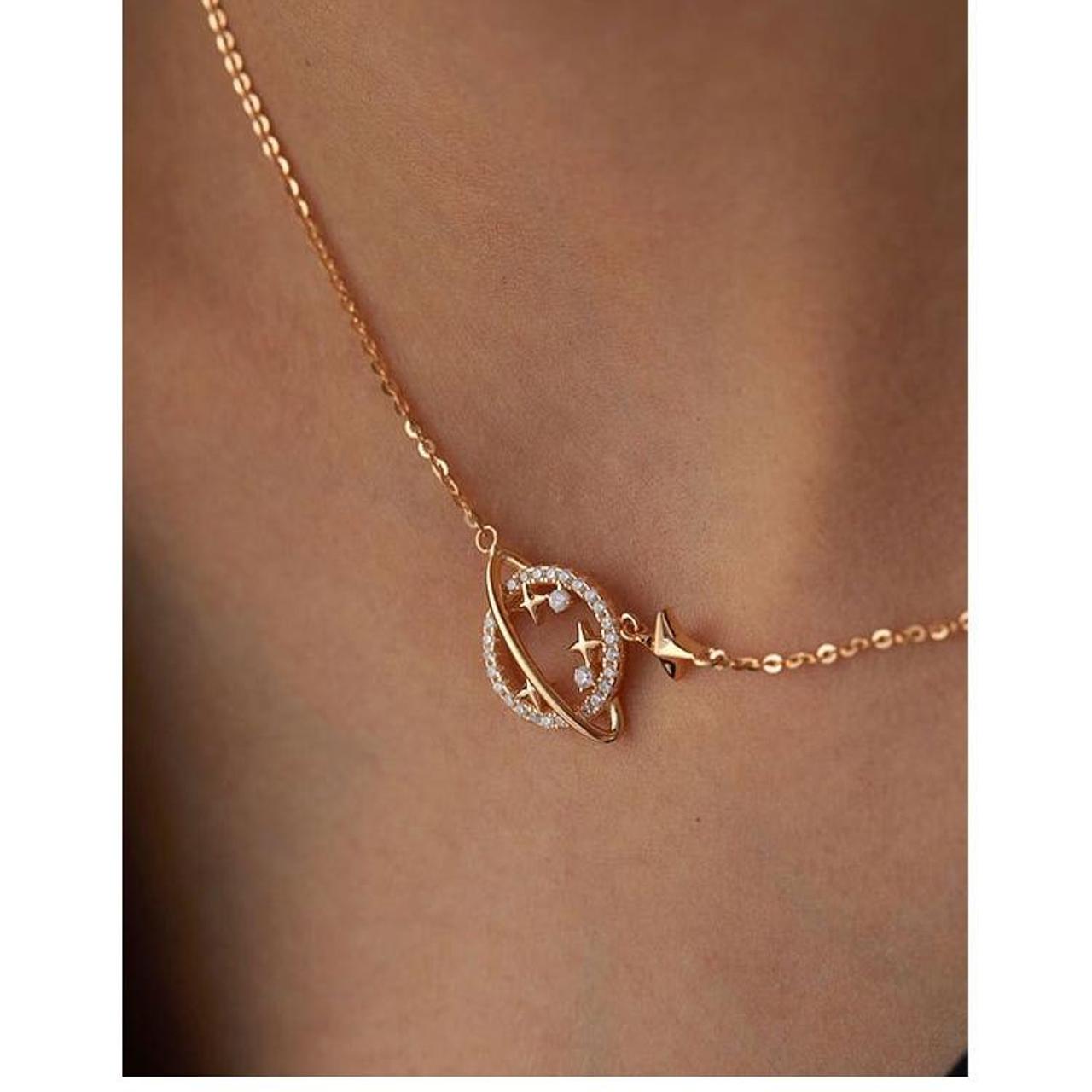 Korean hollow planet zircon pendant necklace female... - Depop