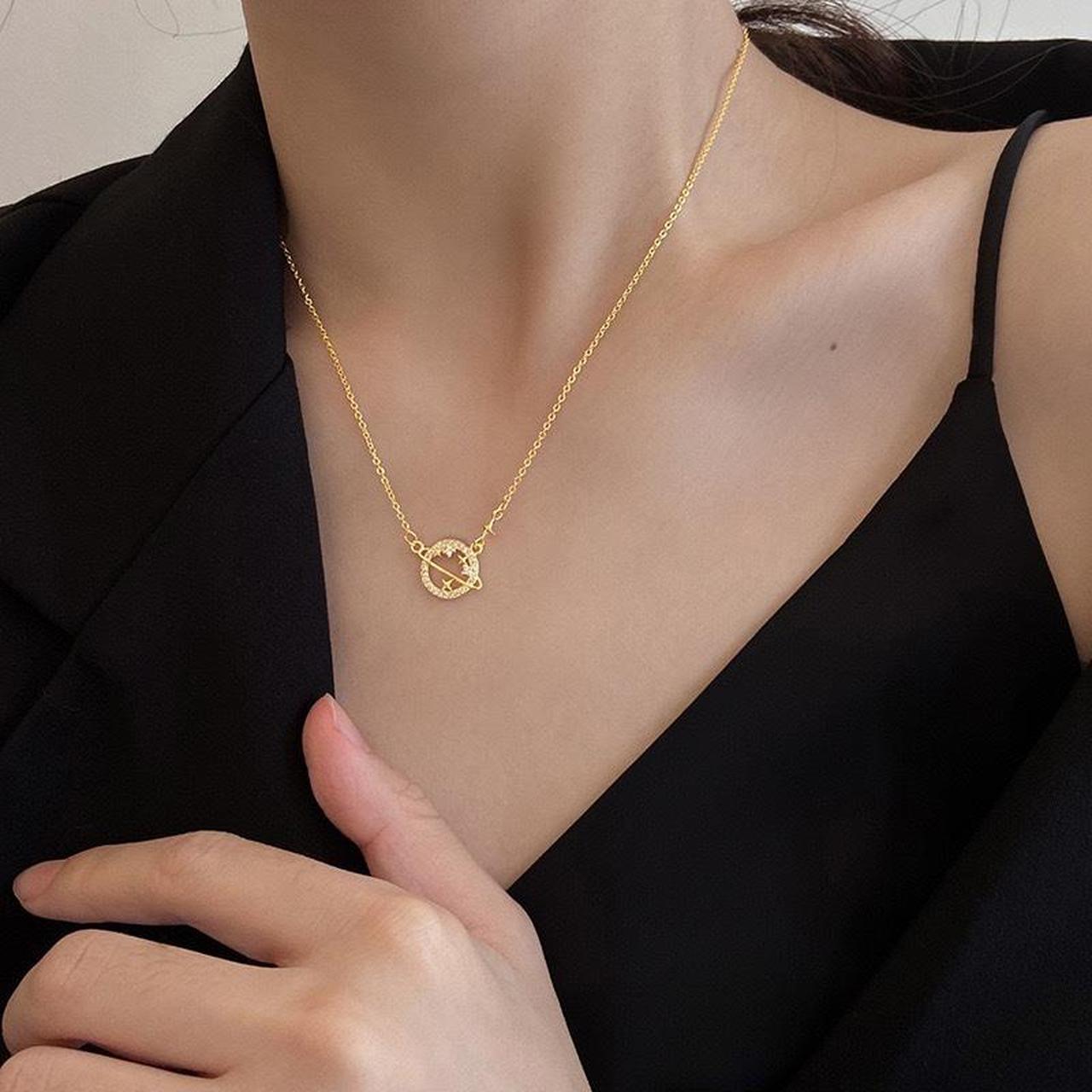Korean hollow planet zircon pendant necklace female... - Depop