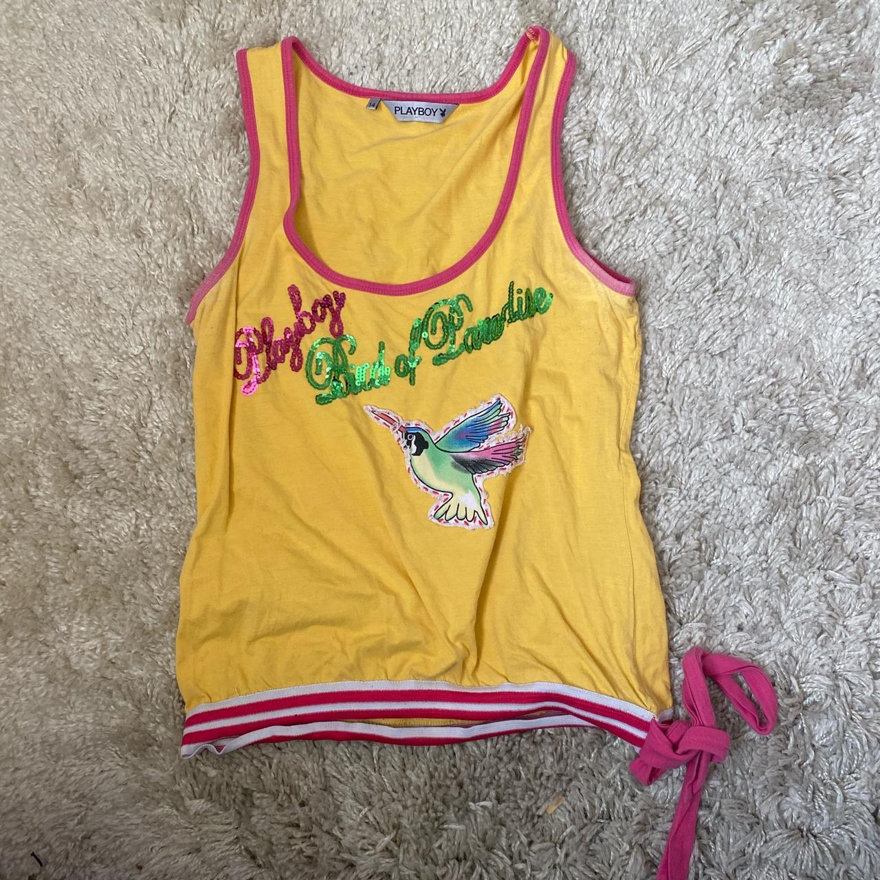 Y2k vintage PLAYBOY yellow “birds of paradise” tank... - Depop