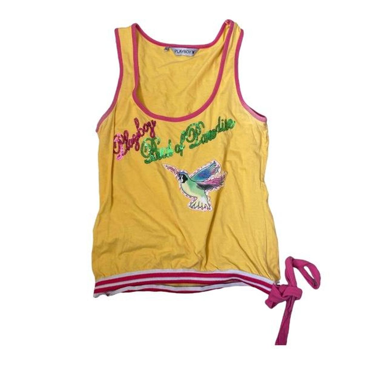 Y2k vintage PLAYBOY yellow “birds of paradise” tank... - Depop