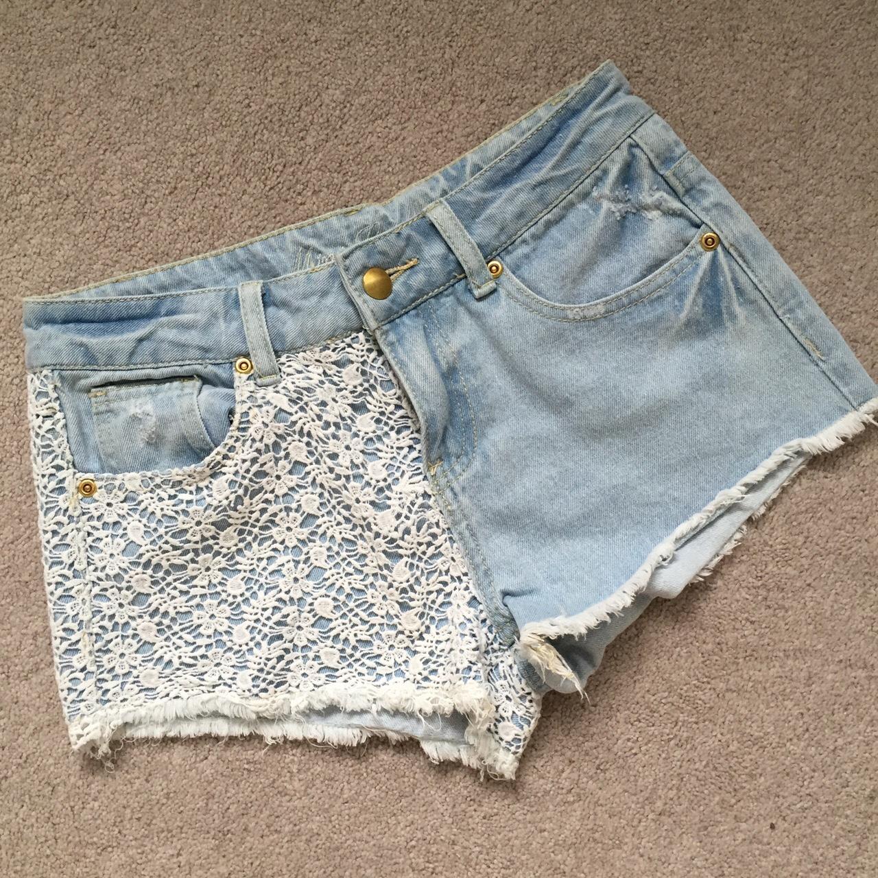 Denim lace shorts, never worn except to try on, size... - Depop