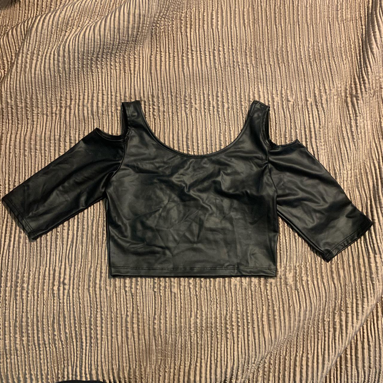 Black pvc cold shoulder crop top size large #pvc... - Depop
