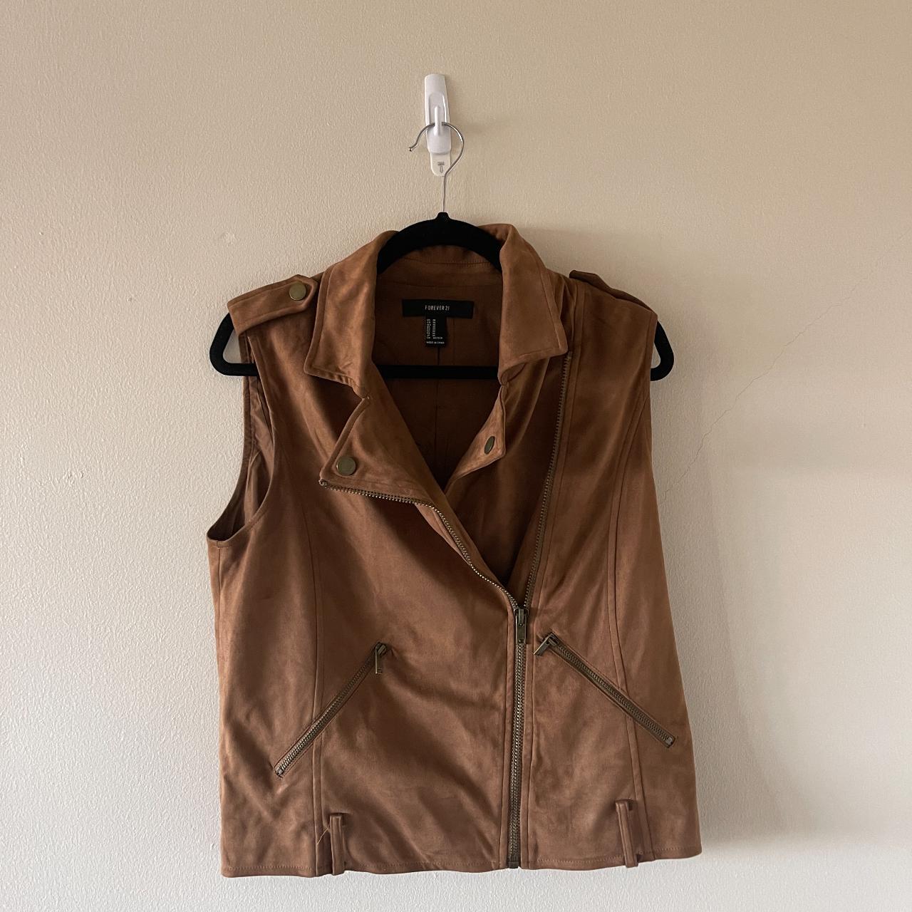 Used faux suede biker vest. Burnt gold zipper... - Depop