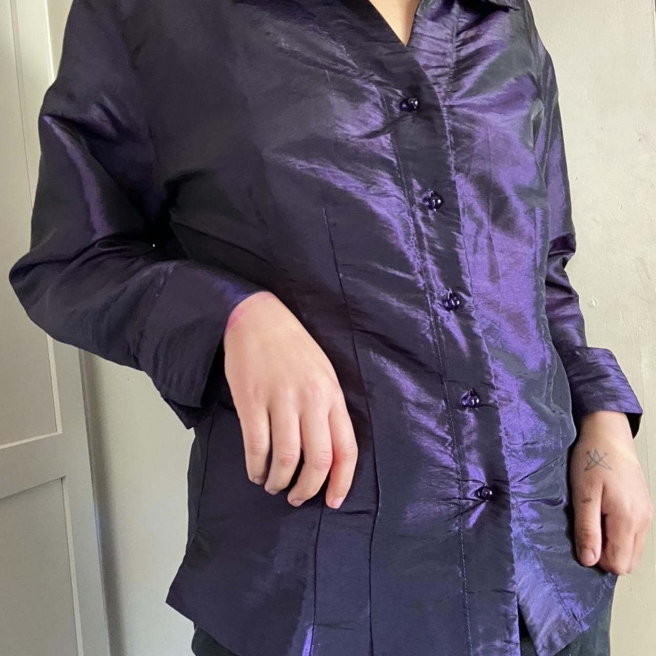 Iridescent purple botton up longsleeve. Darts for a... - Depop