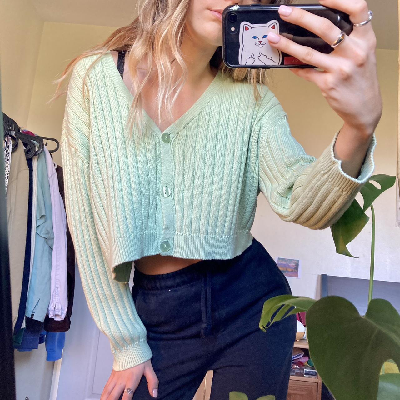 Pale pastel green knit cardigan buttoned up Shown on... - Depop