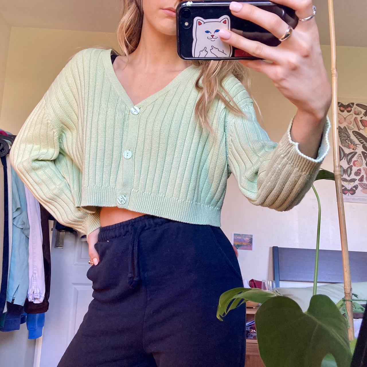 Pale pastel green knit cardigan buttoned up Shown on... - Depop