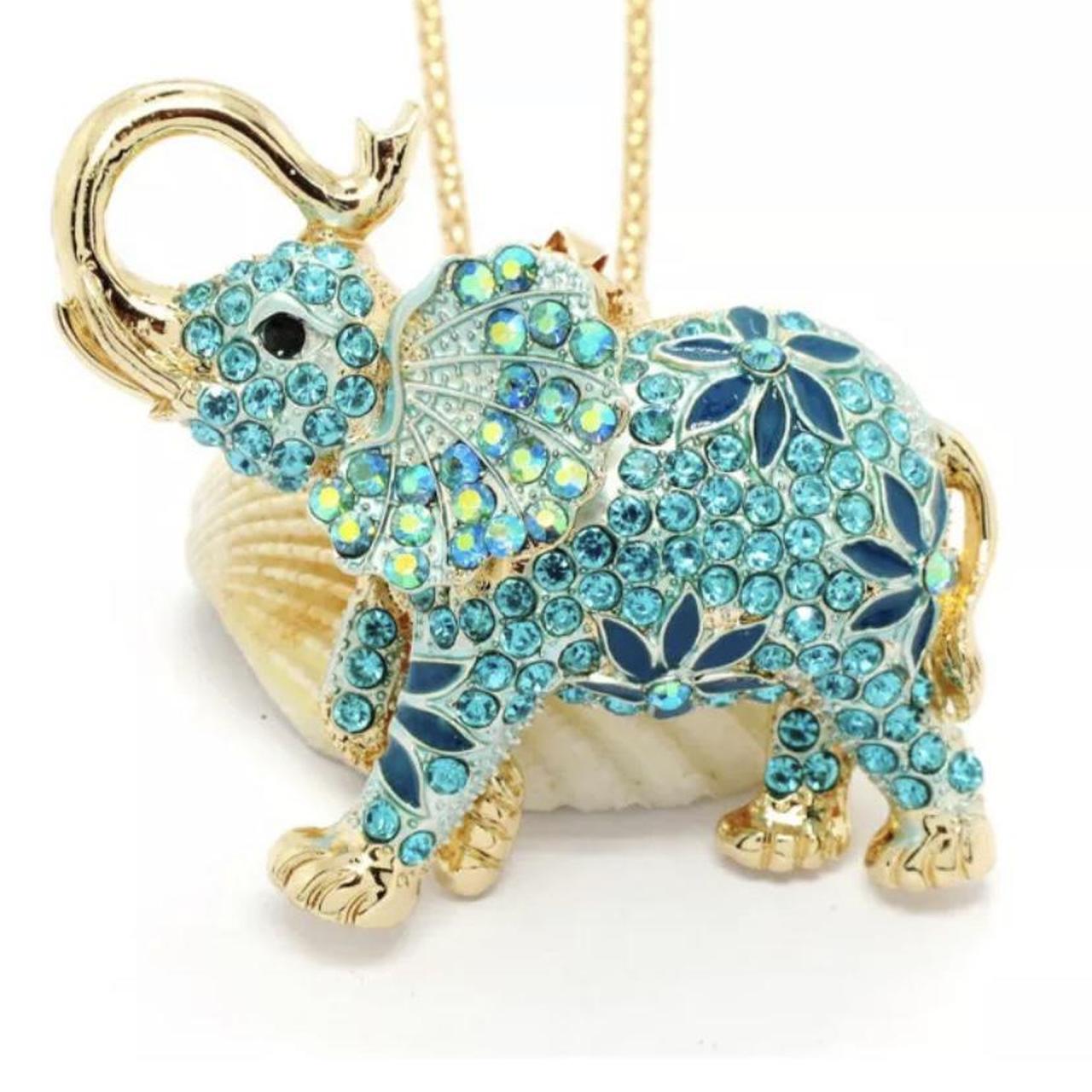 Hot Blue Rhinestone Flower Elephant Pendant Betsey. Depop