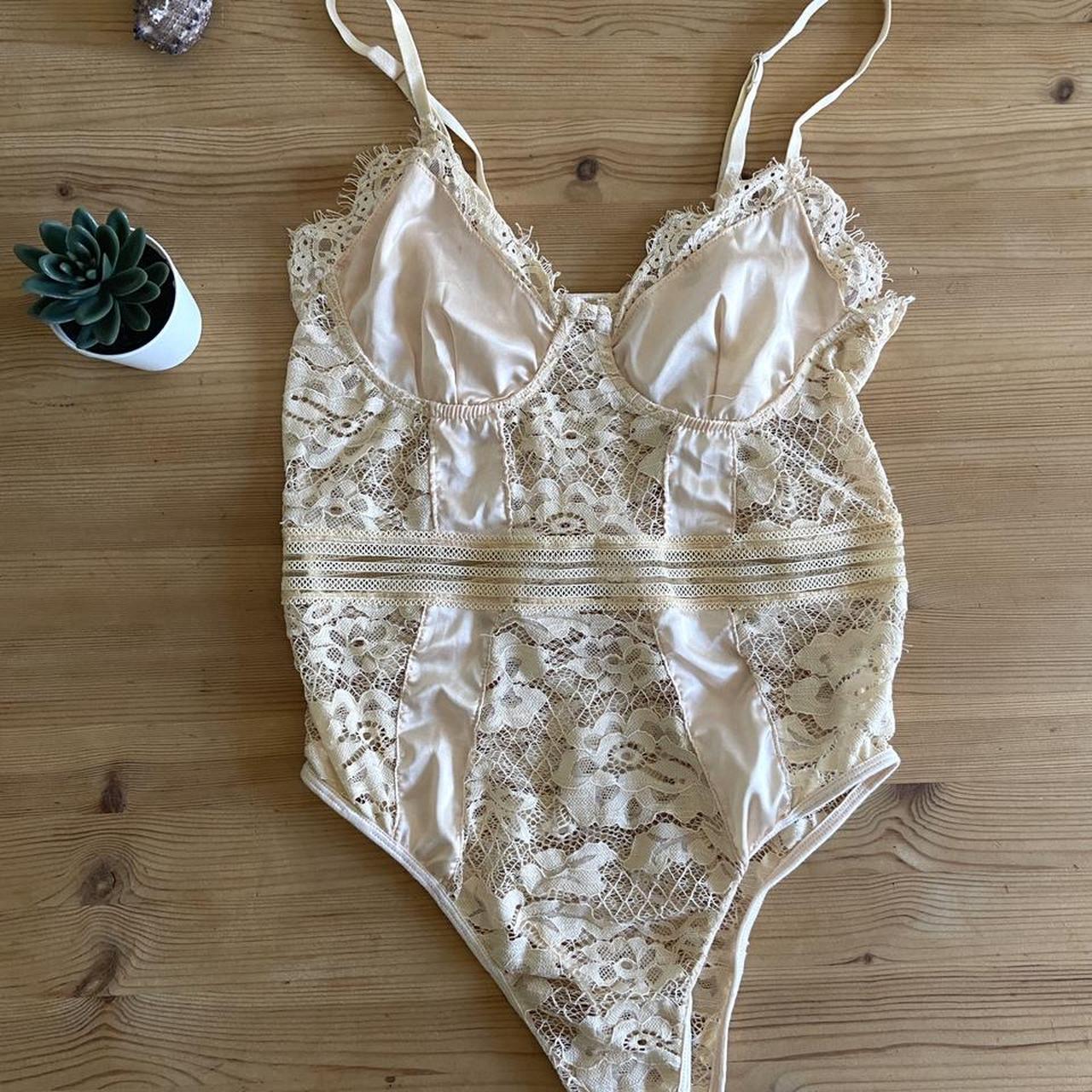 cream lace bodysuit with satin cups size... - Depop
