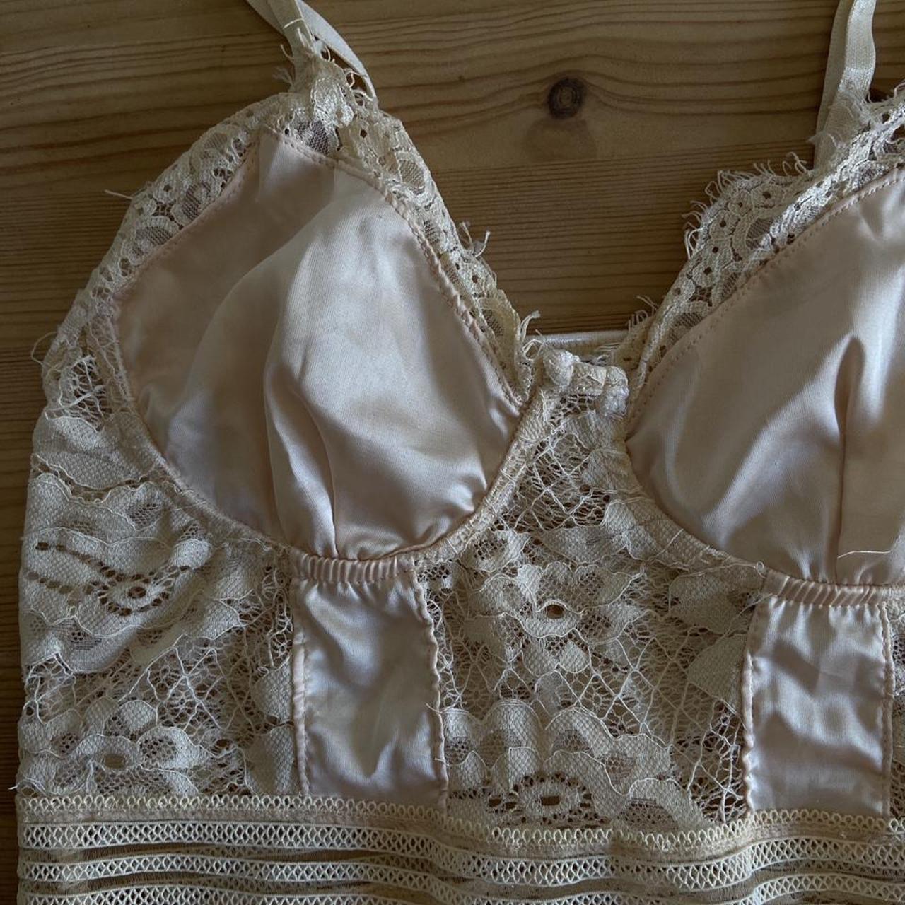 cream lace bodysuit with satin cups size... - Depop