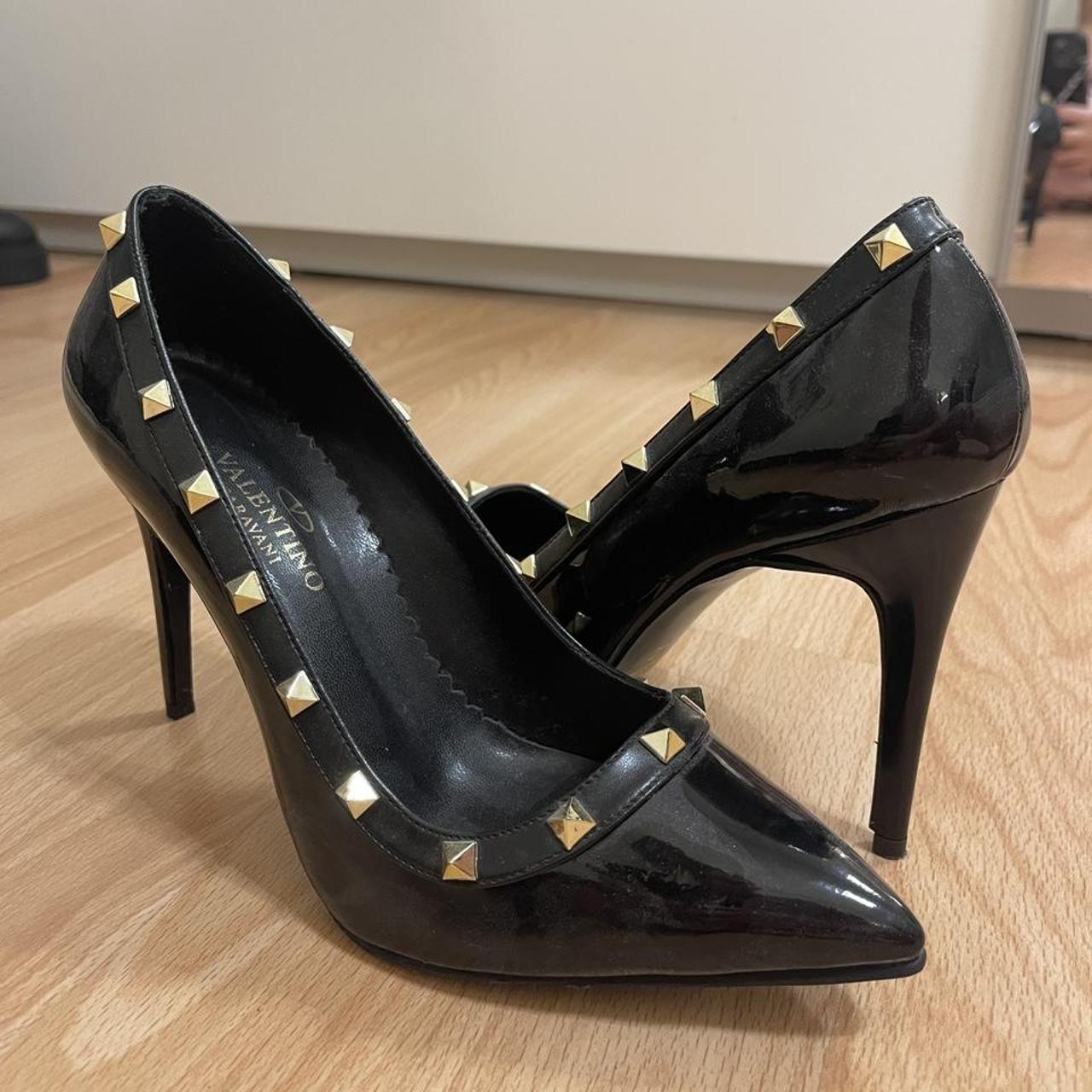never worn: black high heels with golden studs... - Depop