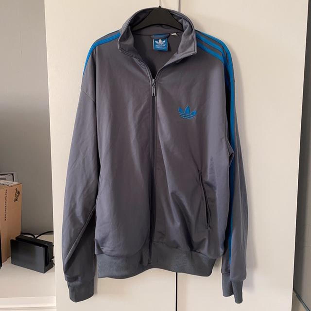 Adidas Originals bomber jacket, grey with blue... - Depop