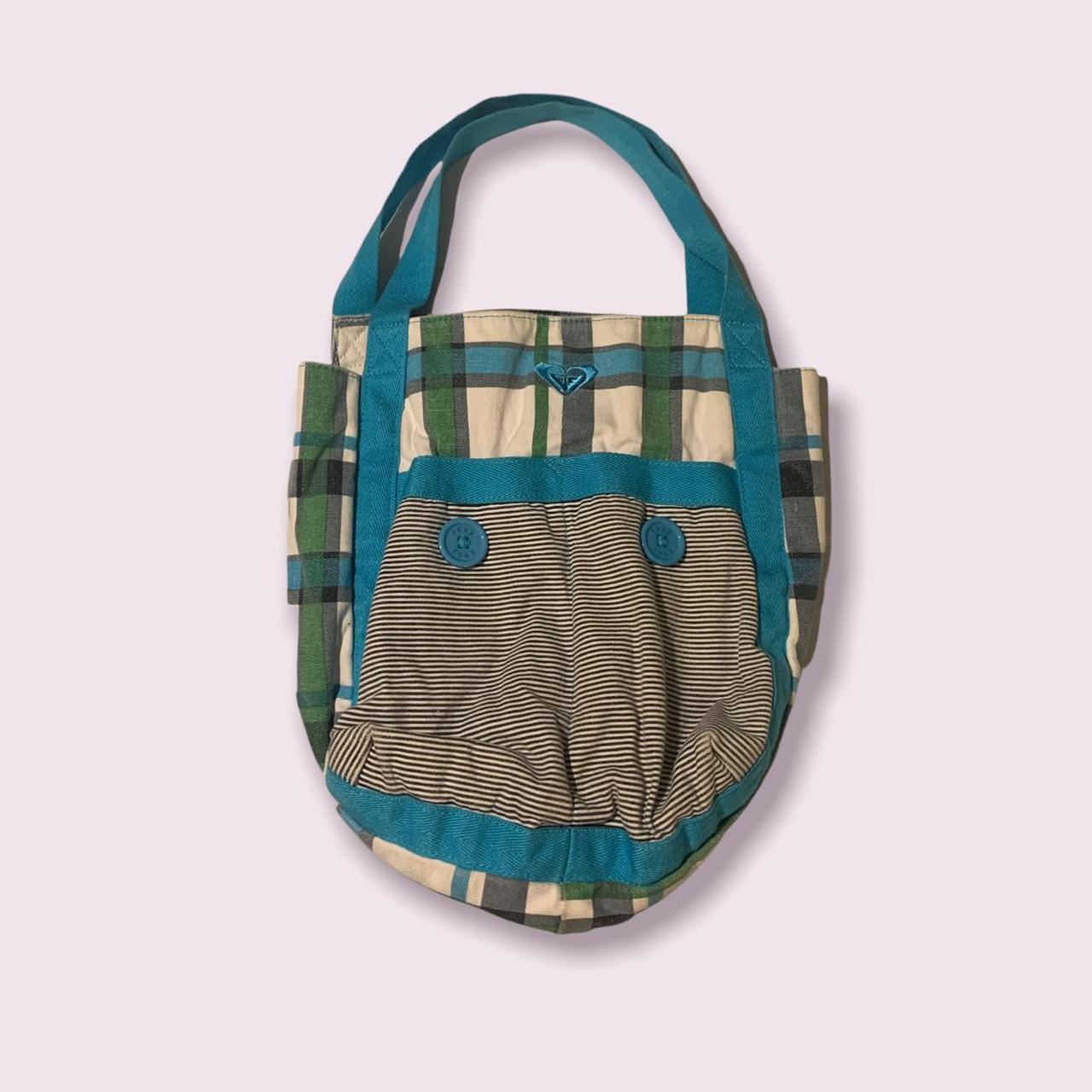 Roxy mini tote, blue, green, grey, and white plaid,... - Depop