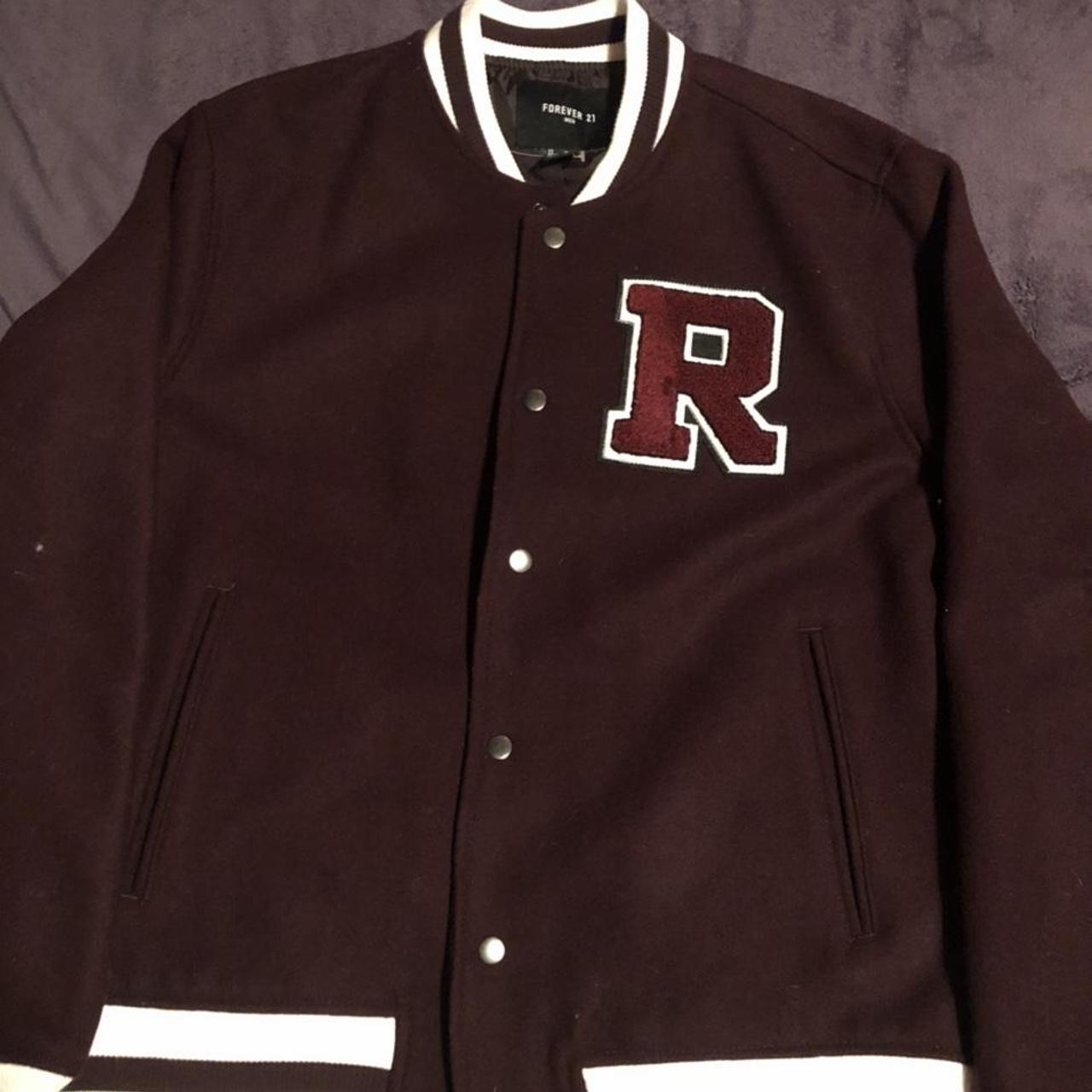 Maroon Letterman jacket with R patch Size XL Worn a... - Depop