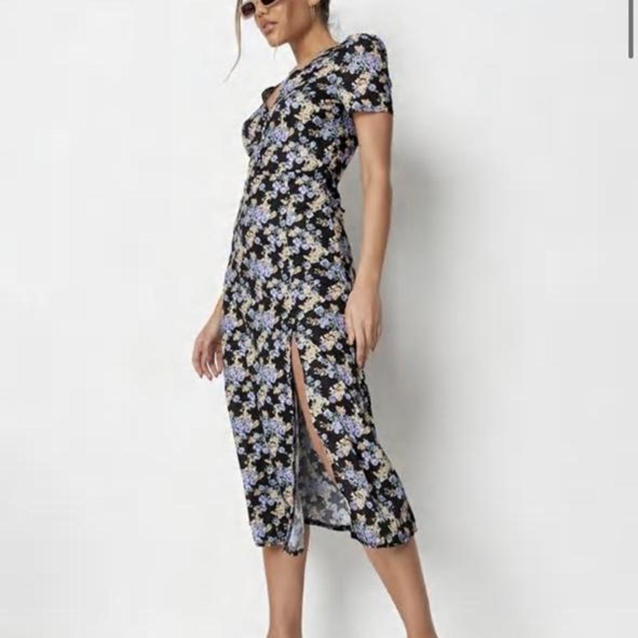 Missguided Black Floral Half Button Midi Tea Depop