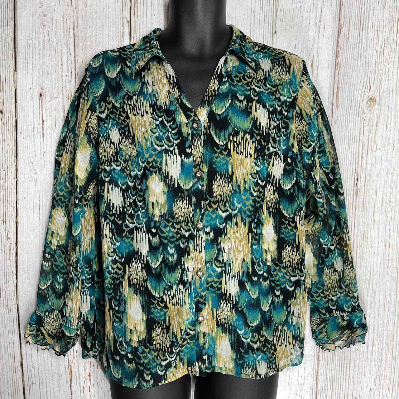 JM Collection Women 14 Jeweled Button Blouse Printed... - Depop