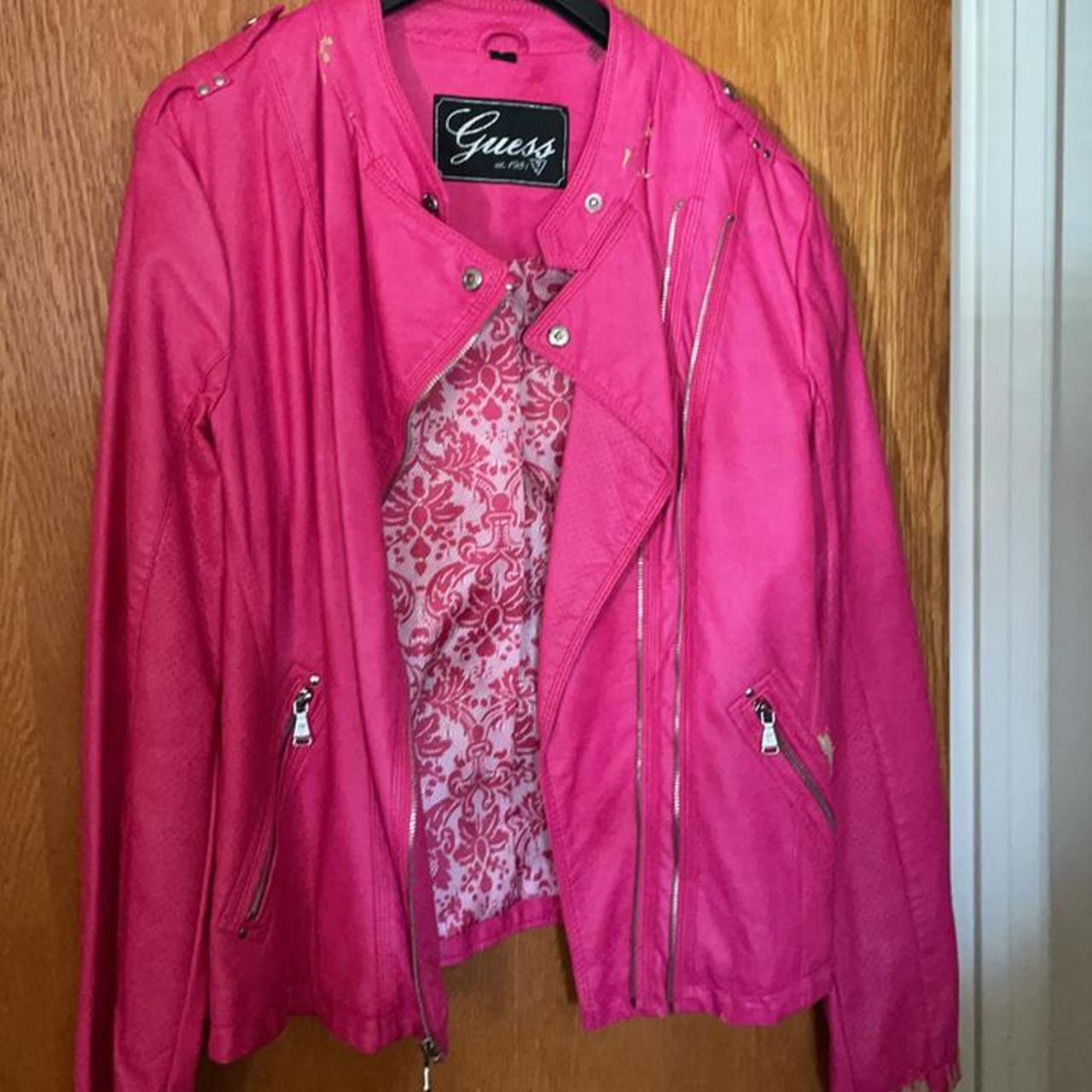 Bright pink faux leather jacket that was purchased... - Depop Bright pink faux leather jacket that was purchased... - Depop