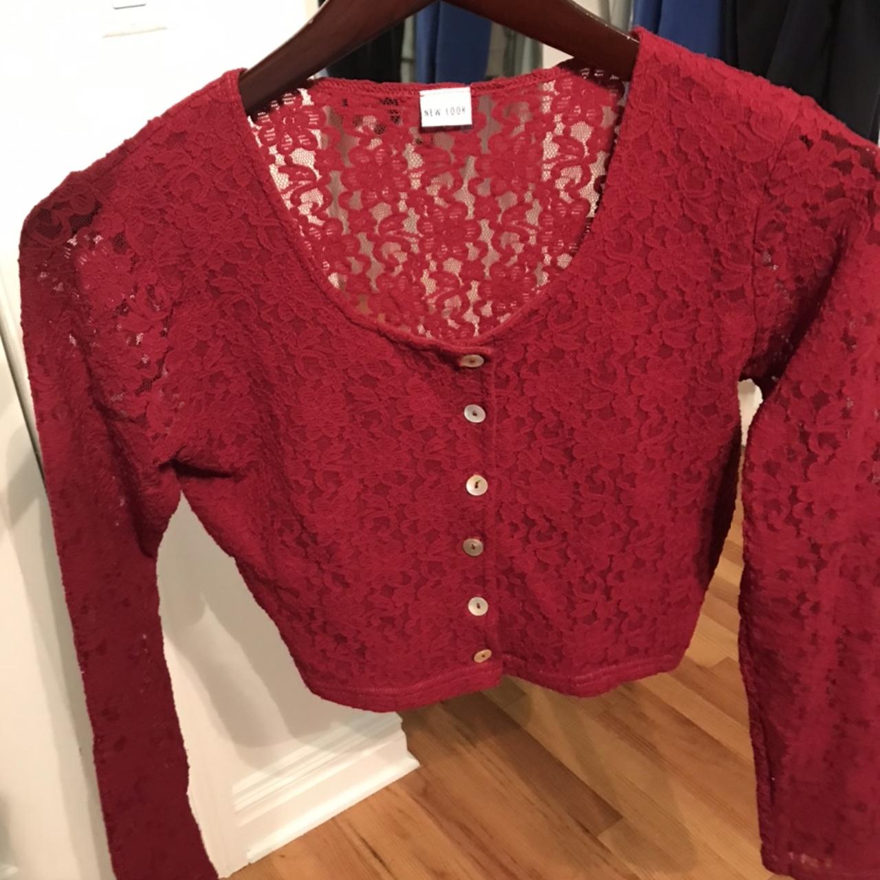 Barely worn vintage red lace crop top. Button down... - Depop