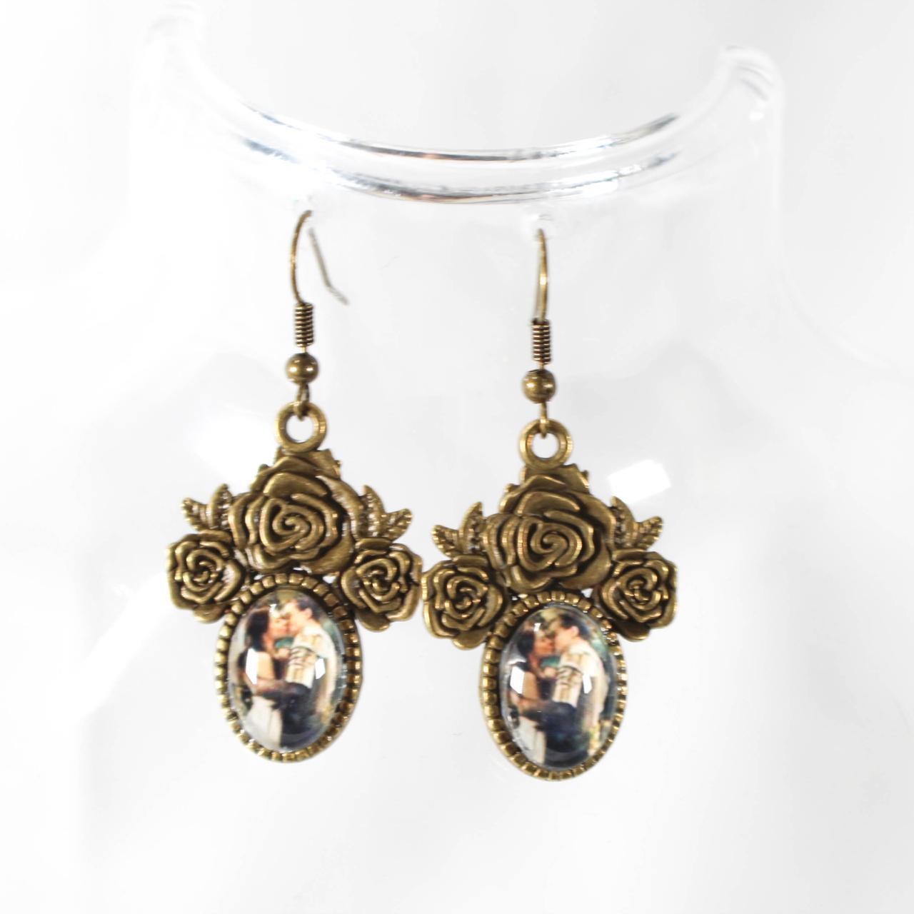 Bronze Toned Metal Framed Earrings with matching... - Depop