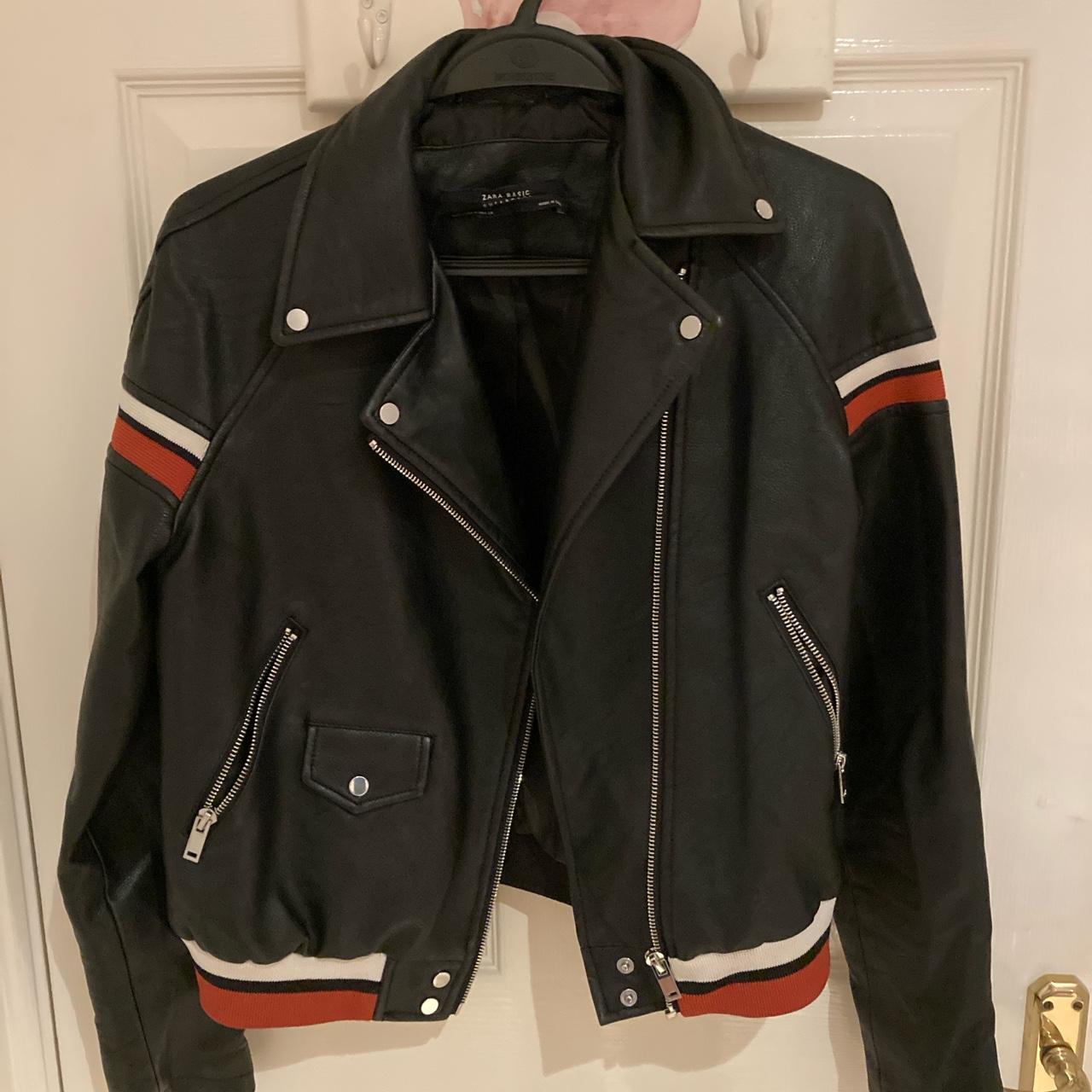 Zara racer style leather jacket with gorj back... - Depop