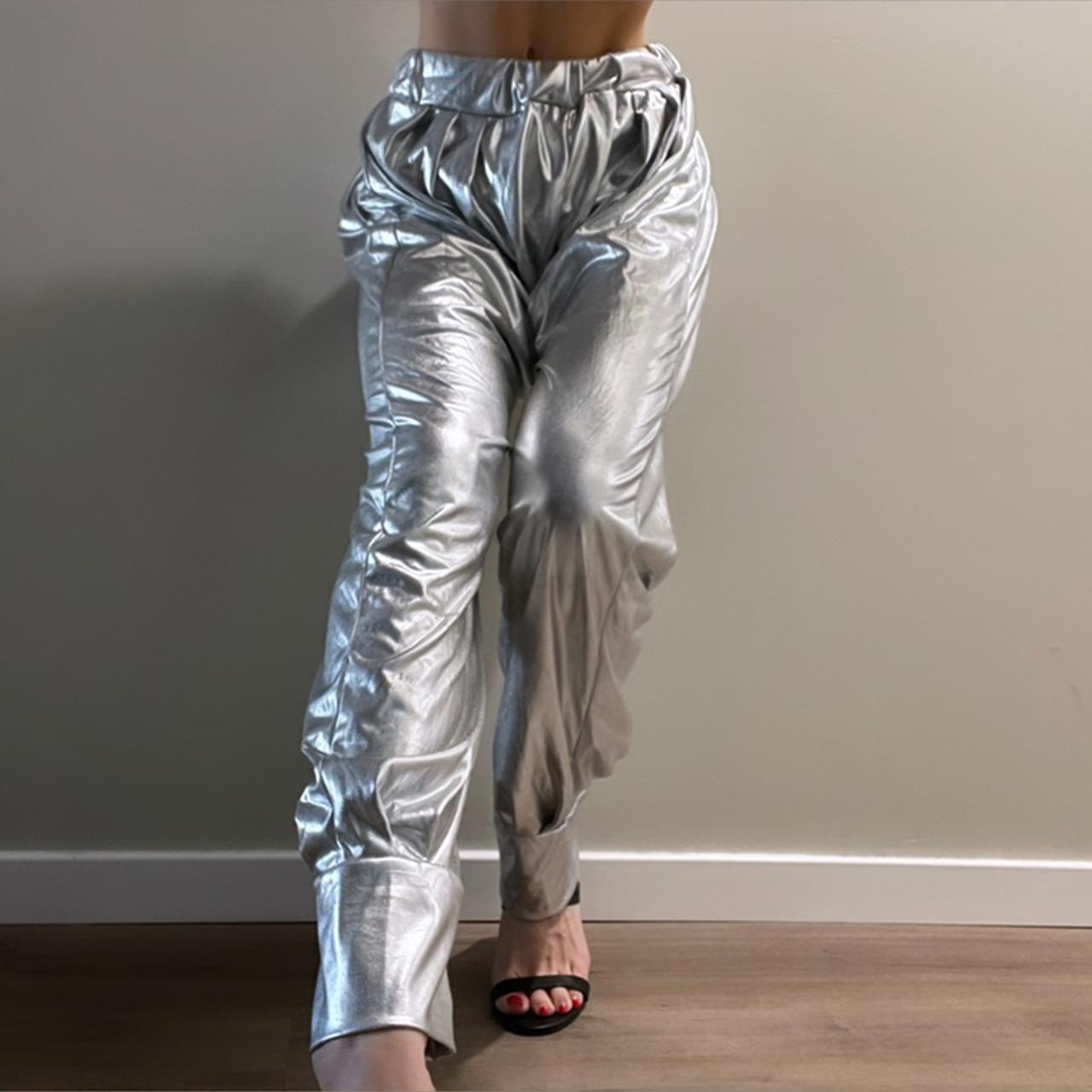 Silver Metallic pants - L on tag but fits S/M - Depop