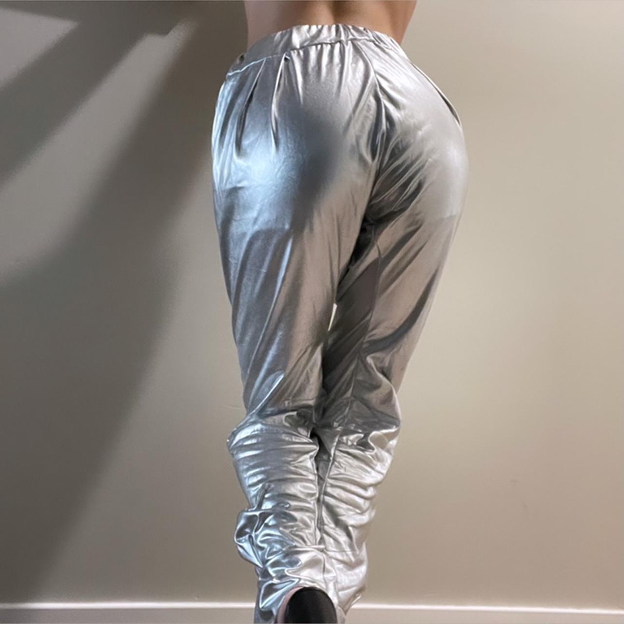 Silver Metallic pants - L on tag but fits S/M - Depop