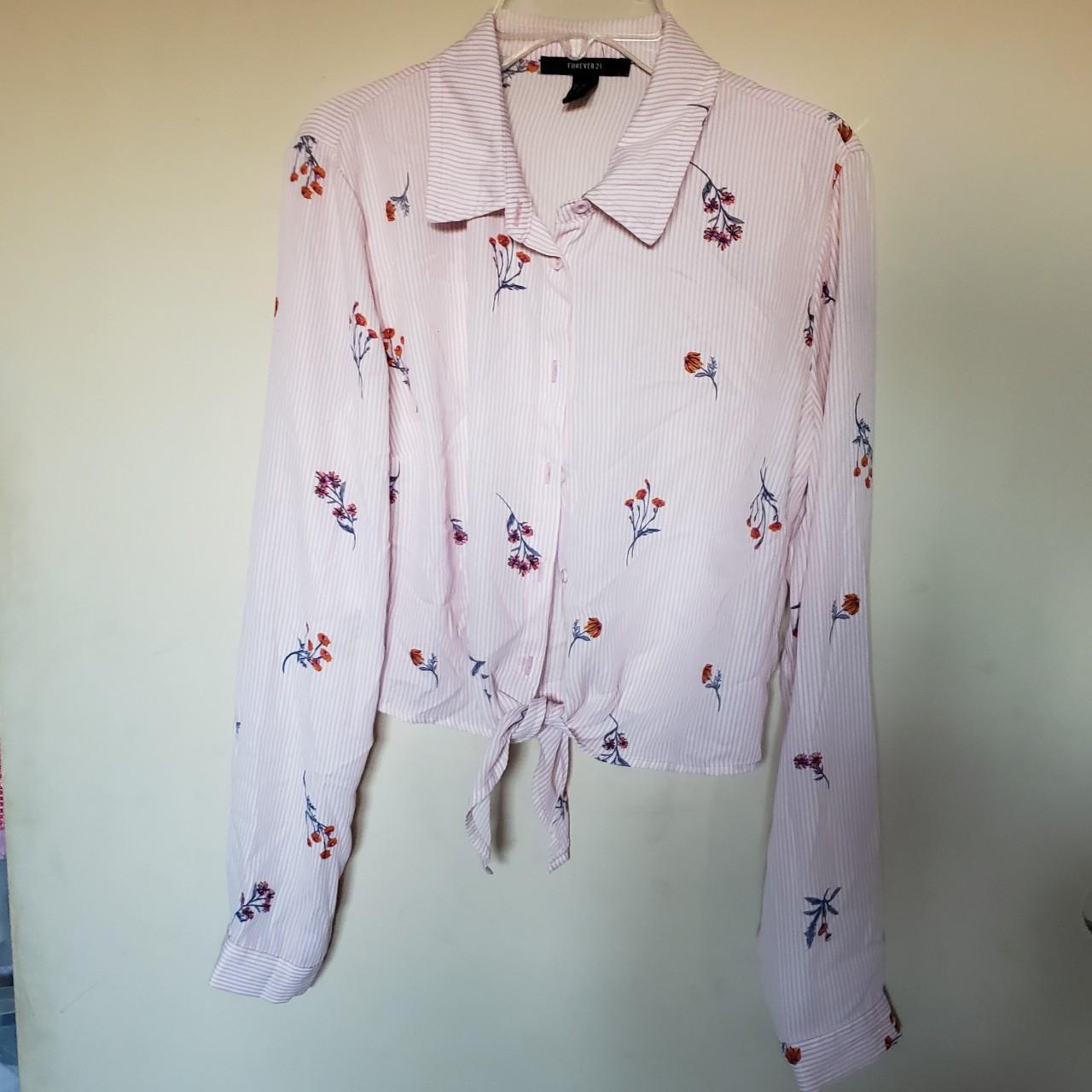 Pink pinstripe floral button up top Price is... - Depop