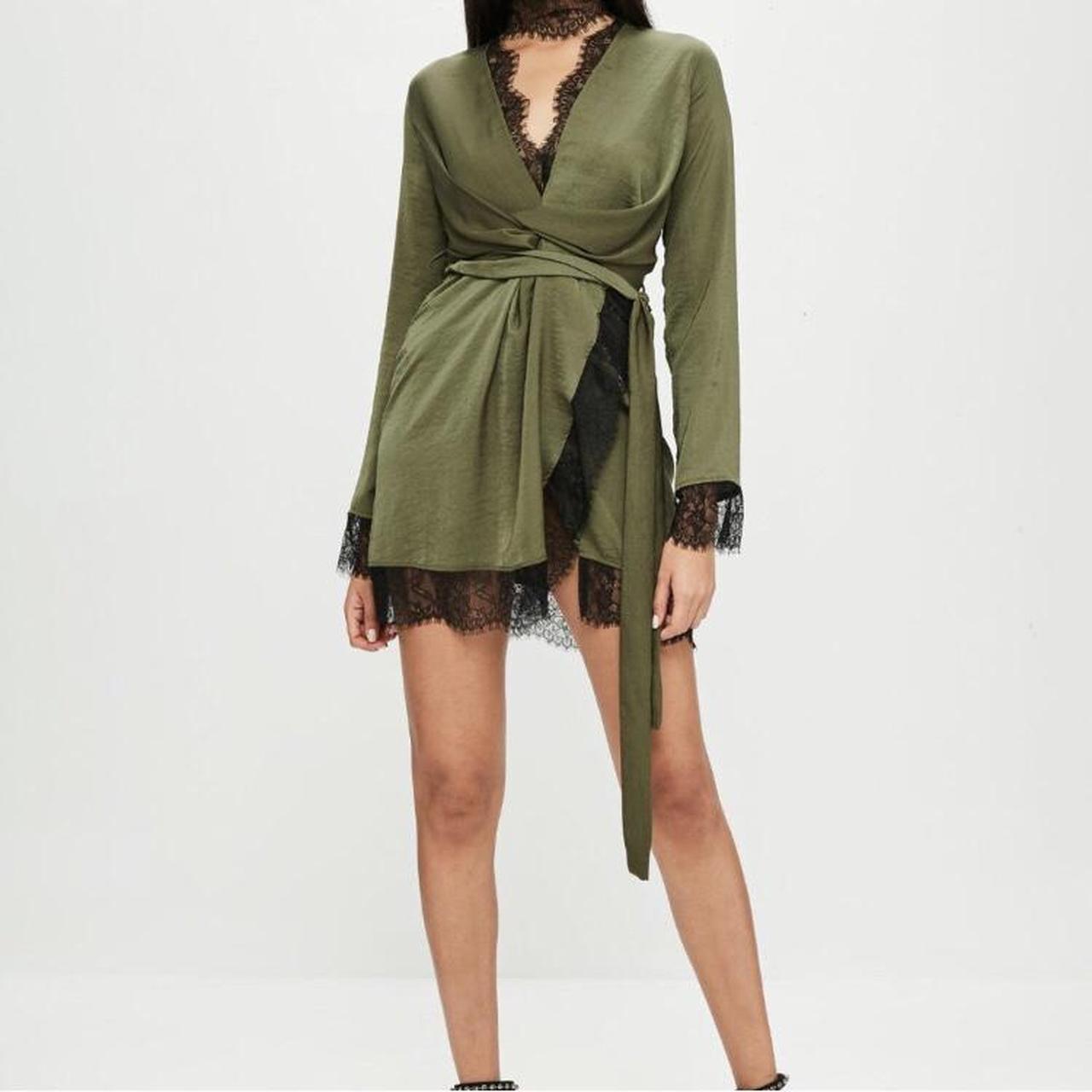 Missguided X Carli Bybel Khaki Satin Lace Wrap Dress Depop