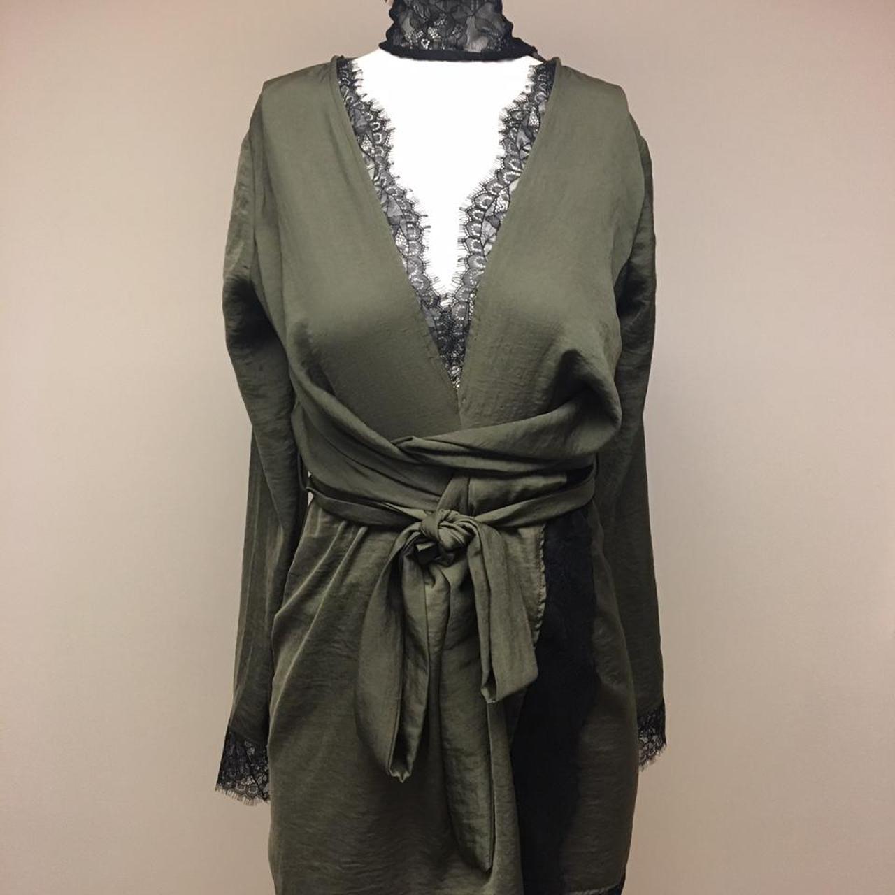 Missguided X Carli Bybel Khaki Satin Lace Wrap Dress Depop