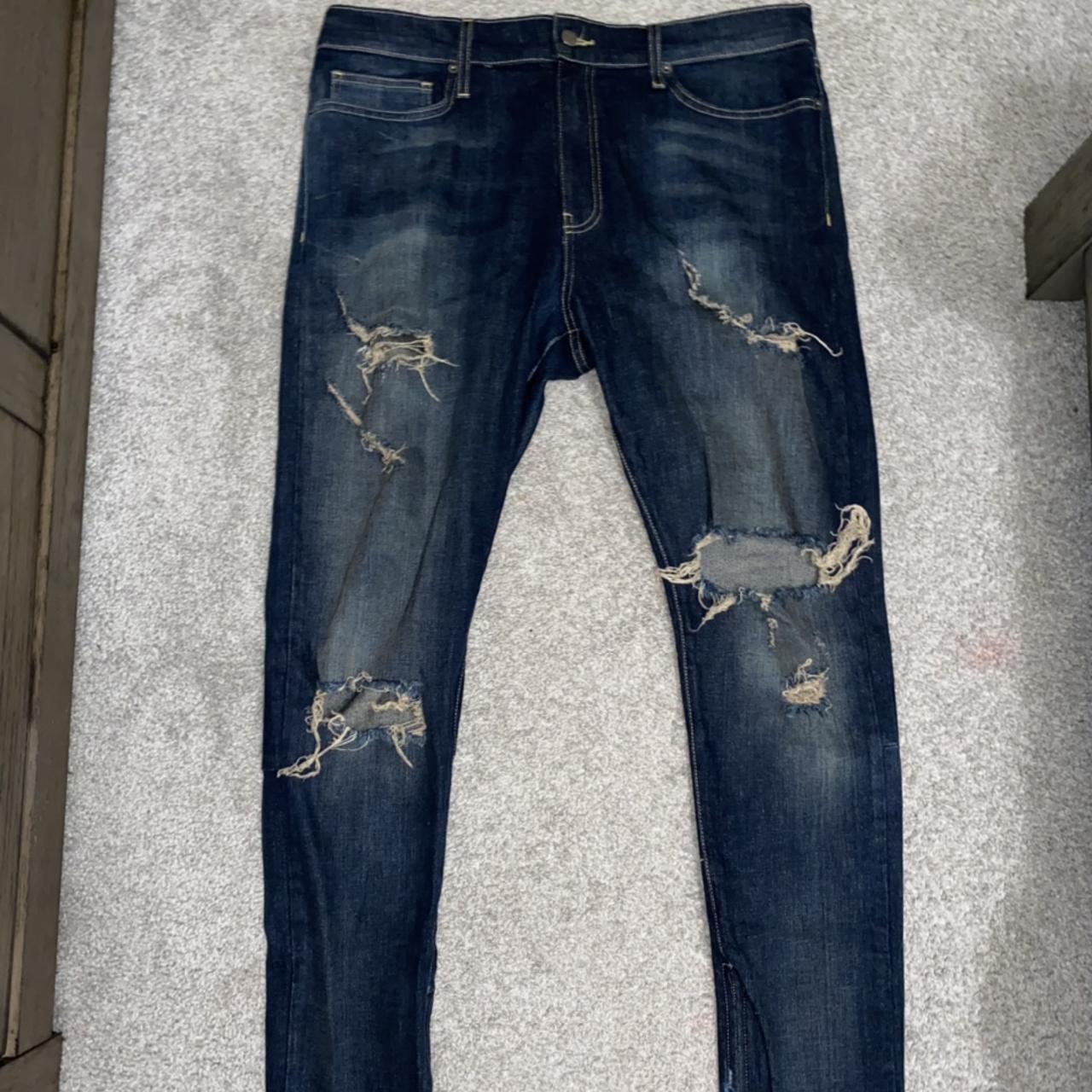 Dark blue distressed denim jeans with stretch... - Depop