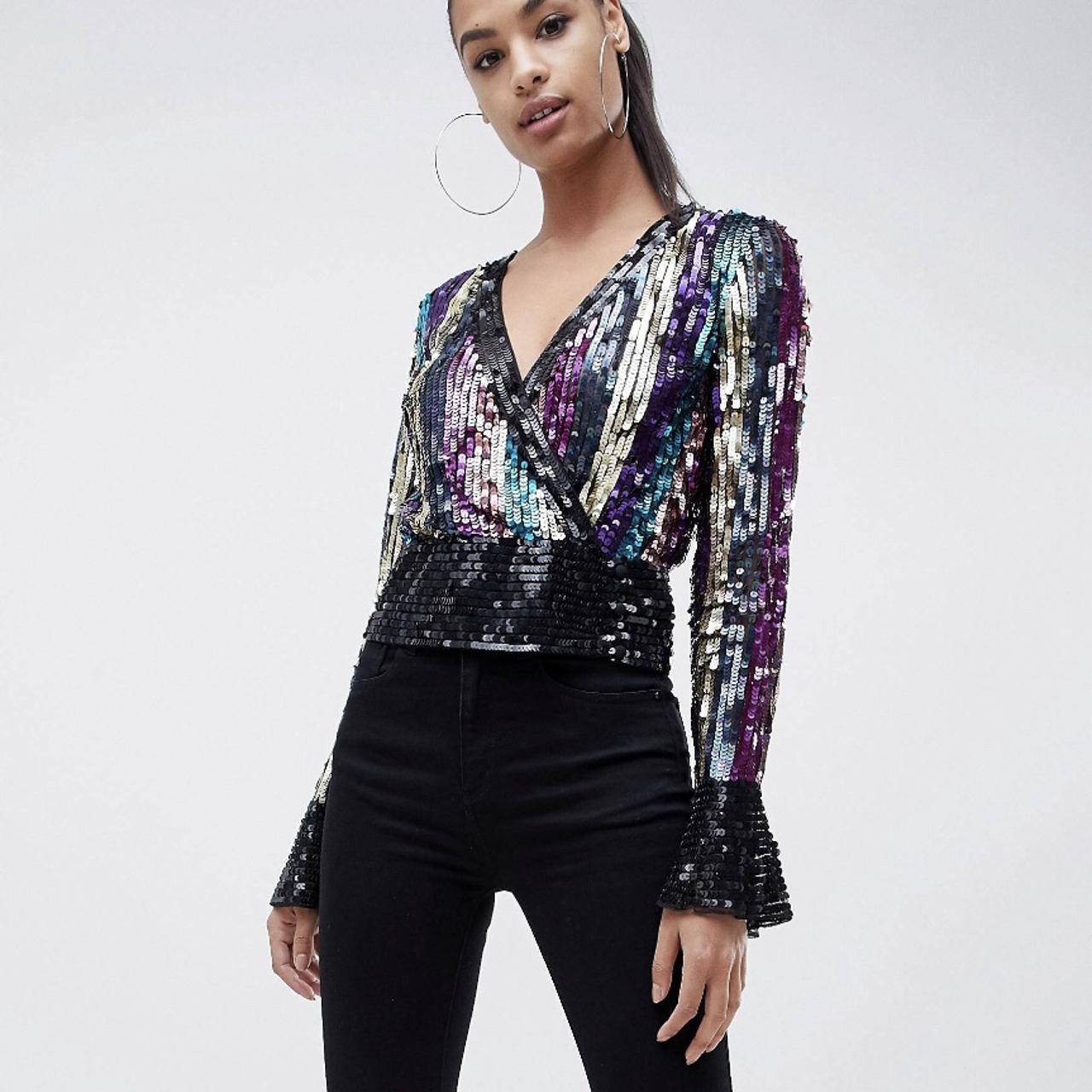 ASOS DESIGN SEQUIN WRAP TOP OPEN BACK - SIZE 10 -... - Depop