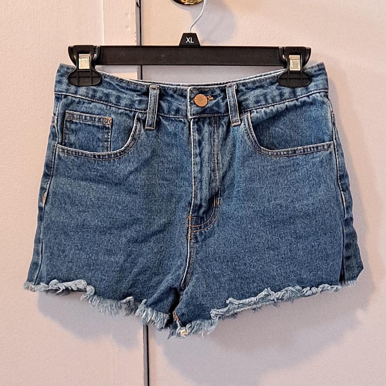 Forever 21 dark wash high rise cheeky denim shorts... - Depop