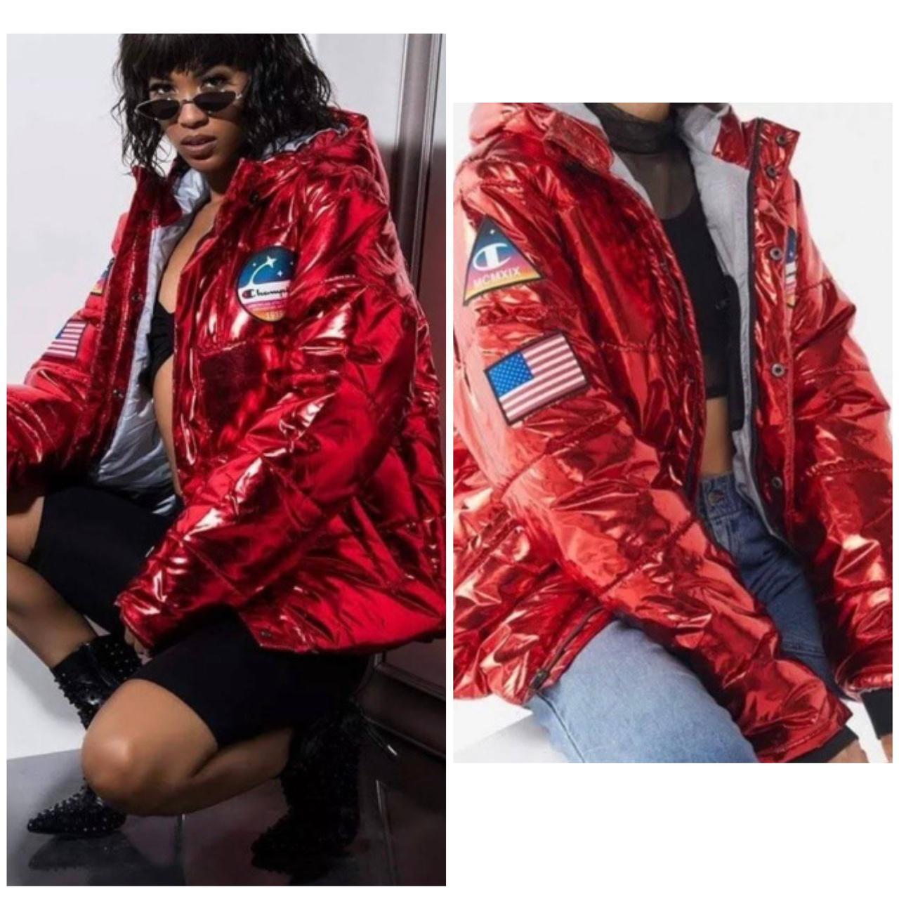 CHAMPION PUFFER JACKET w/ Hood Red Metallic NASA... - Depop