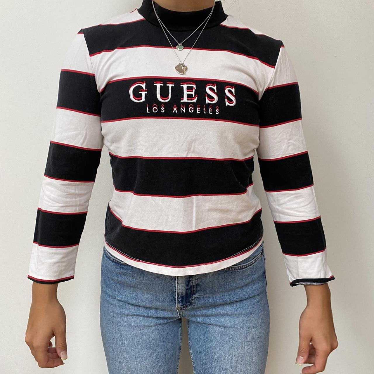 Guess logo red, black and white striped high neck... - Depop