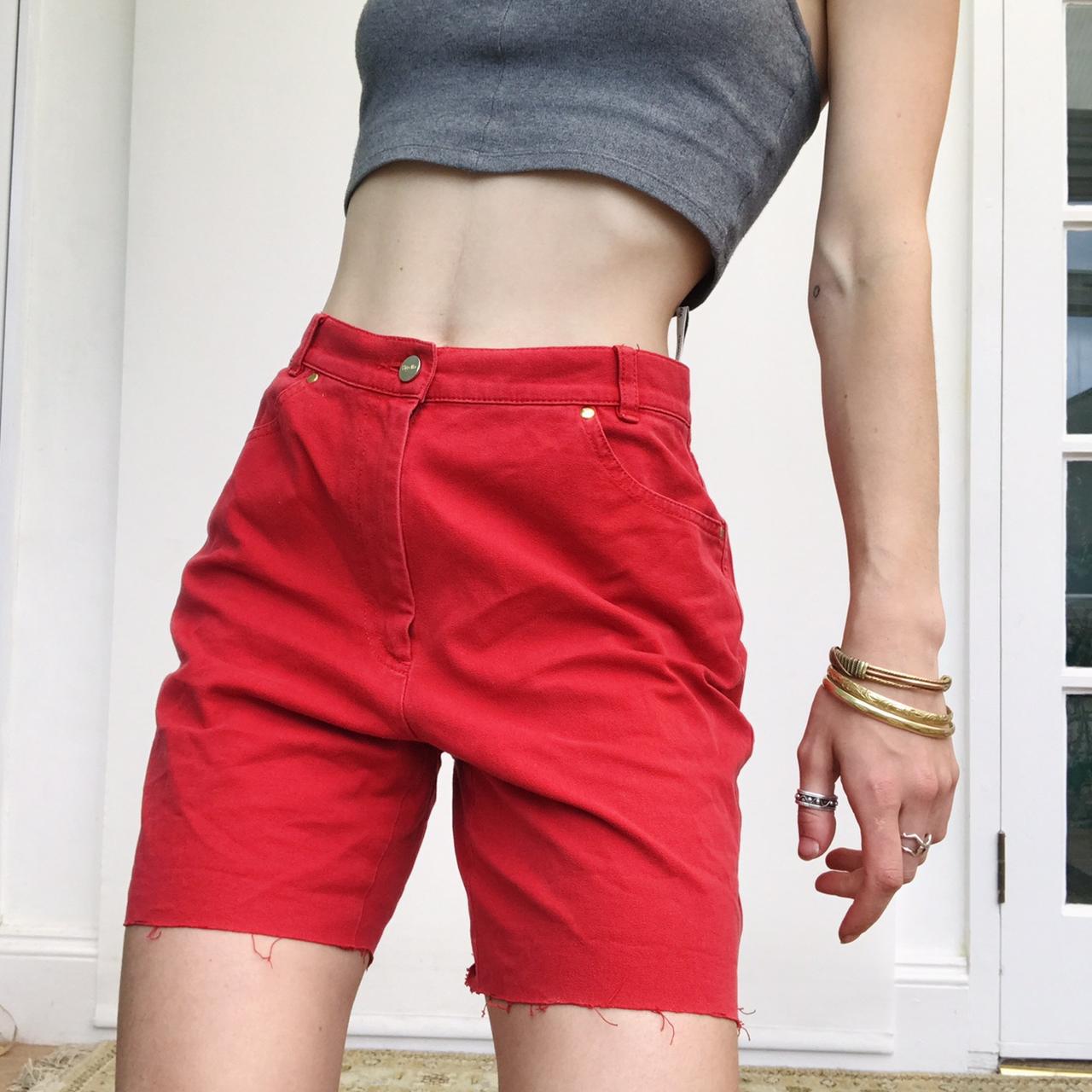 Red vintage rough cut high waisted denim shorts with... - Depop