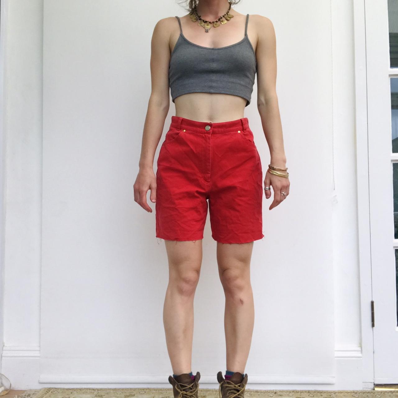 Red vintage rough cut high waisted denim shorts with... - Depop