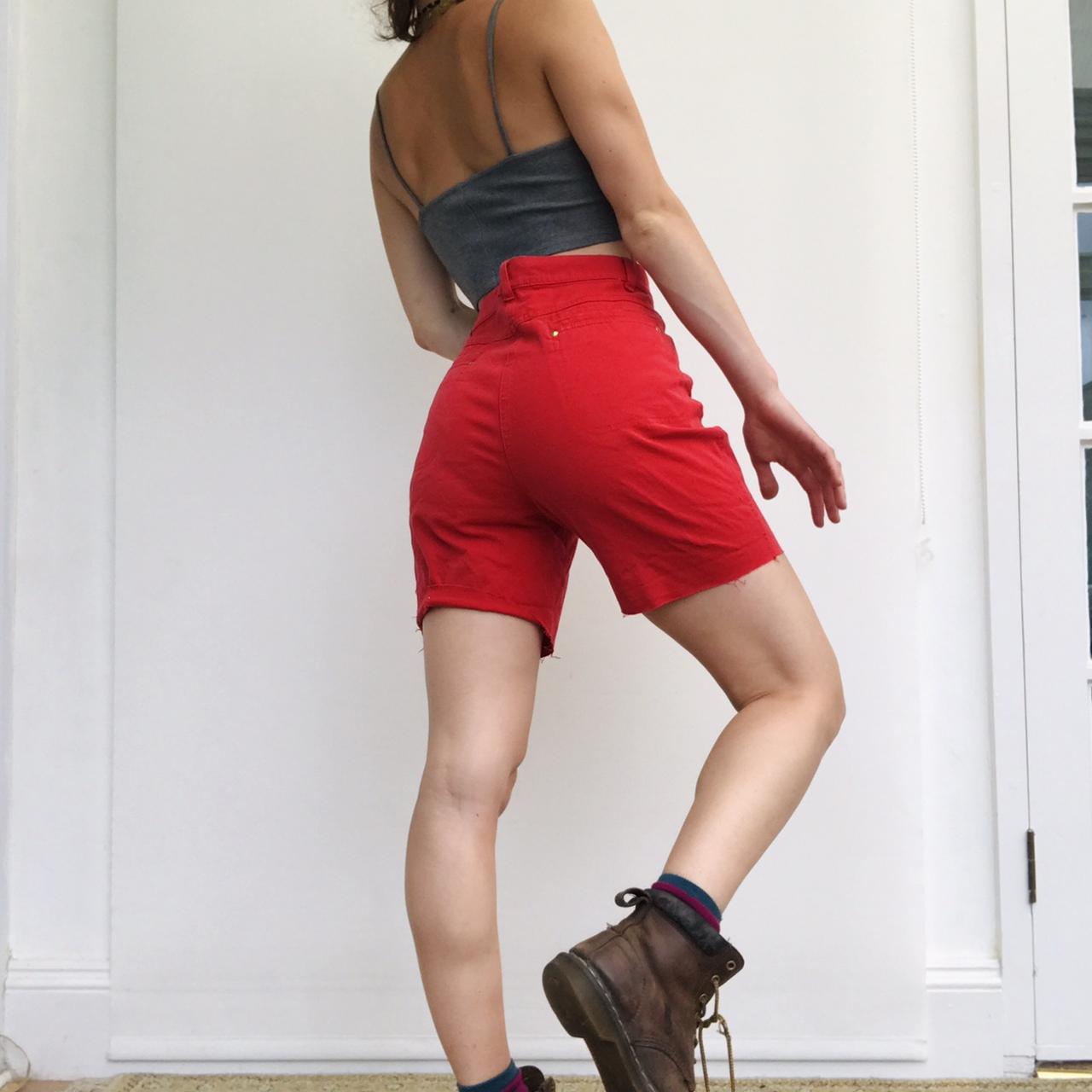 Red vintage rough cut high waisted denim shorts with... - Depop