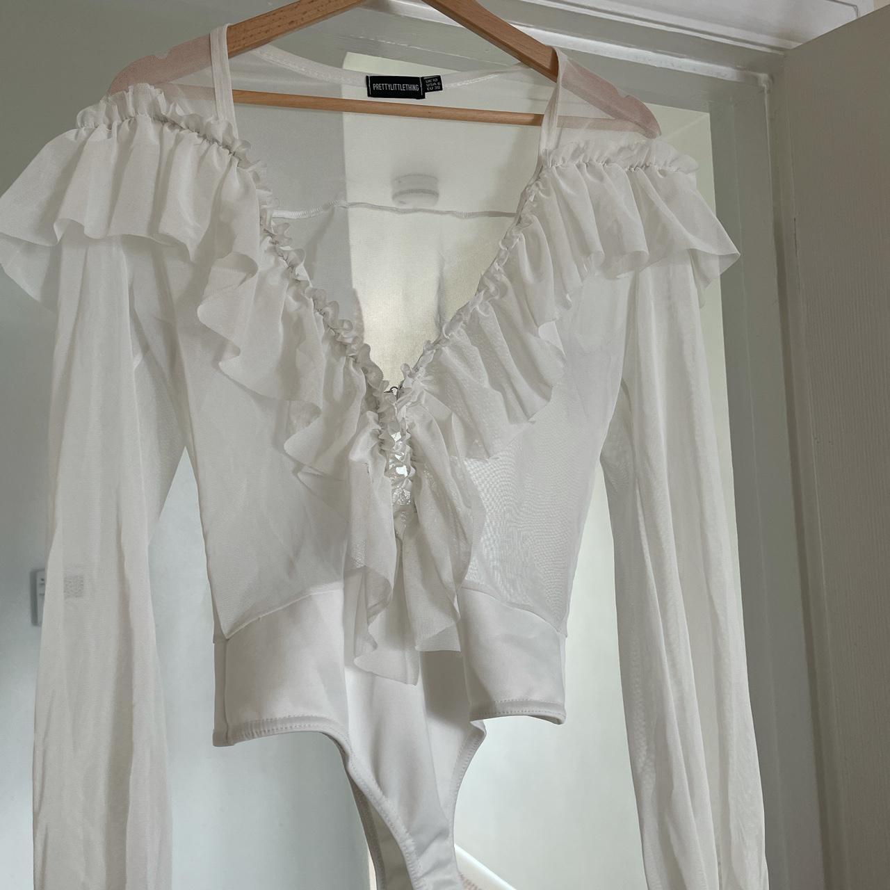PrettyLittleThing white mesh bodysuit Excellent... - Depop