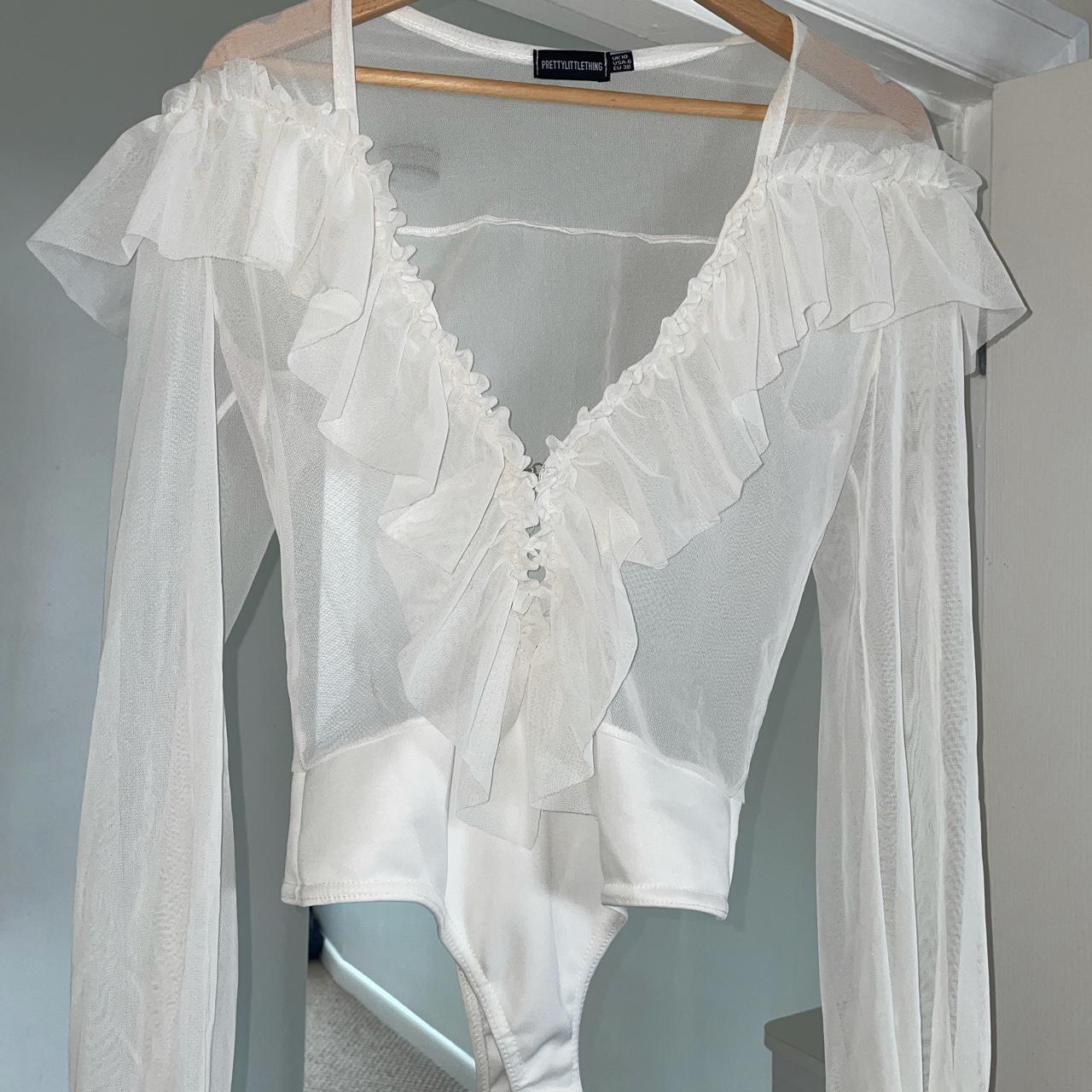 PrettyLittleThing white mesh bodysuit Excellent... - Depop
