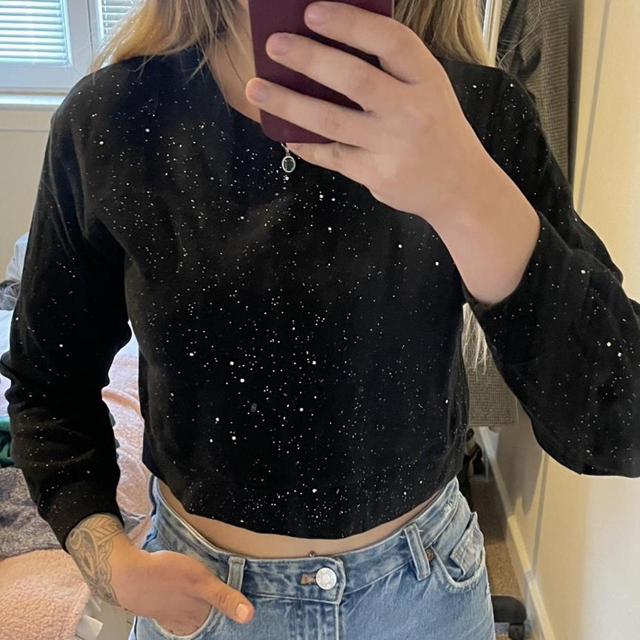 Crop length sparkly sweatshirt in black One size... - Depop