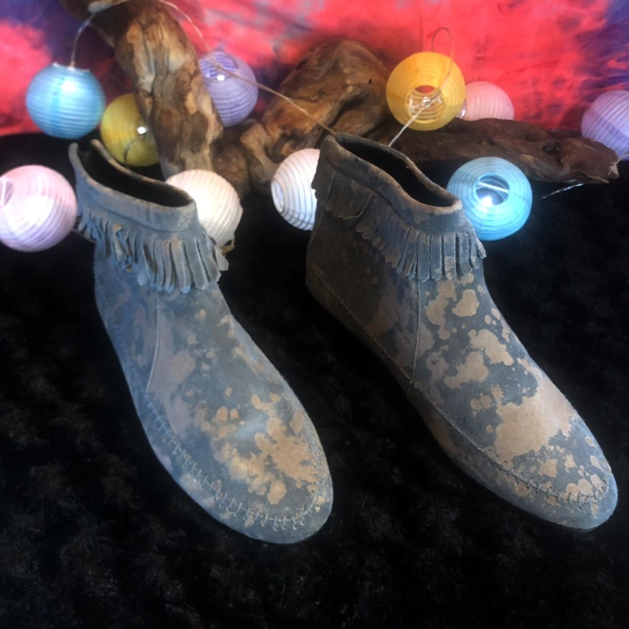 Vintage genuine blue leather acid washed moccasin... - Depop