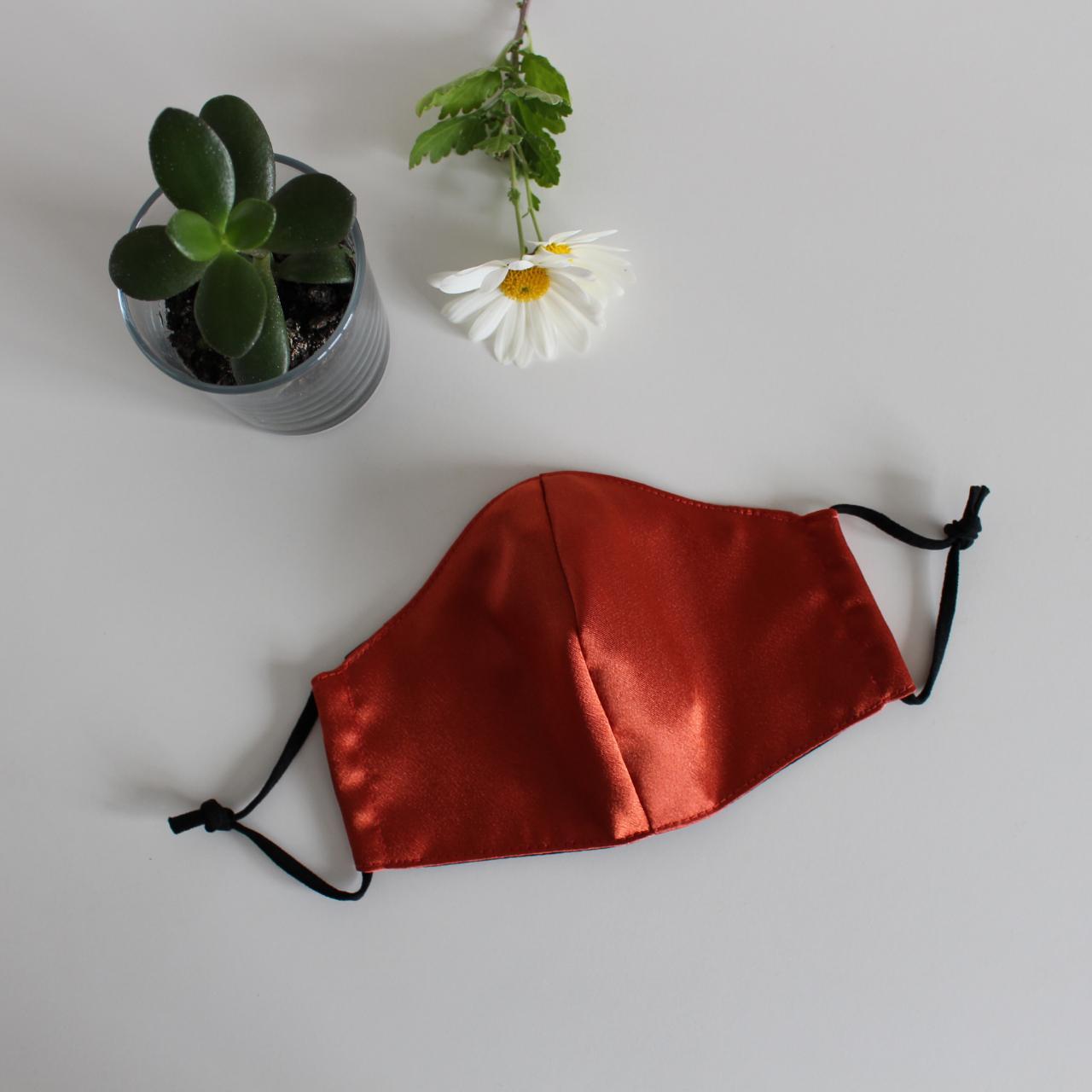 Handmade rust satin face mask with a nose wire and... - Depop