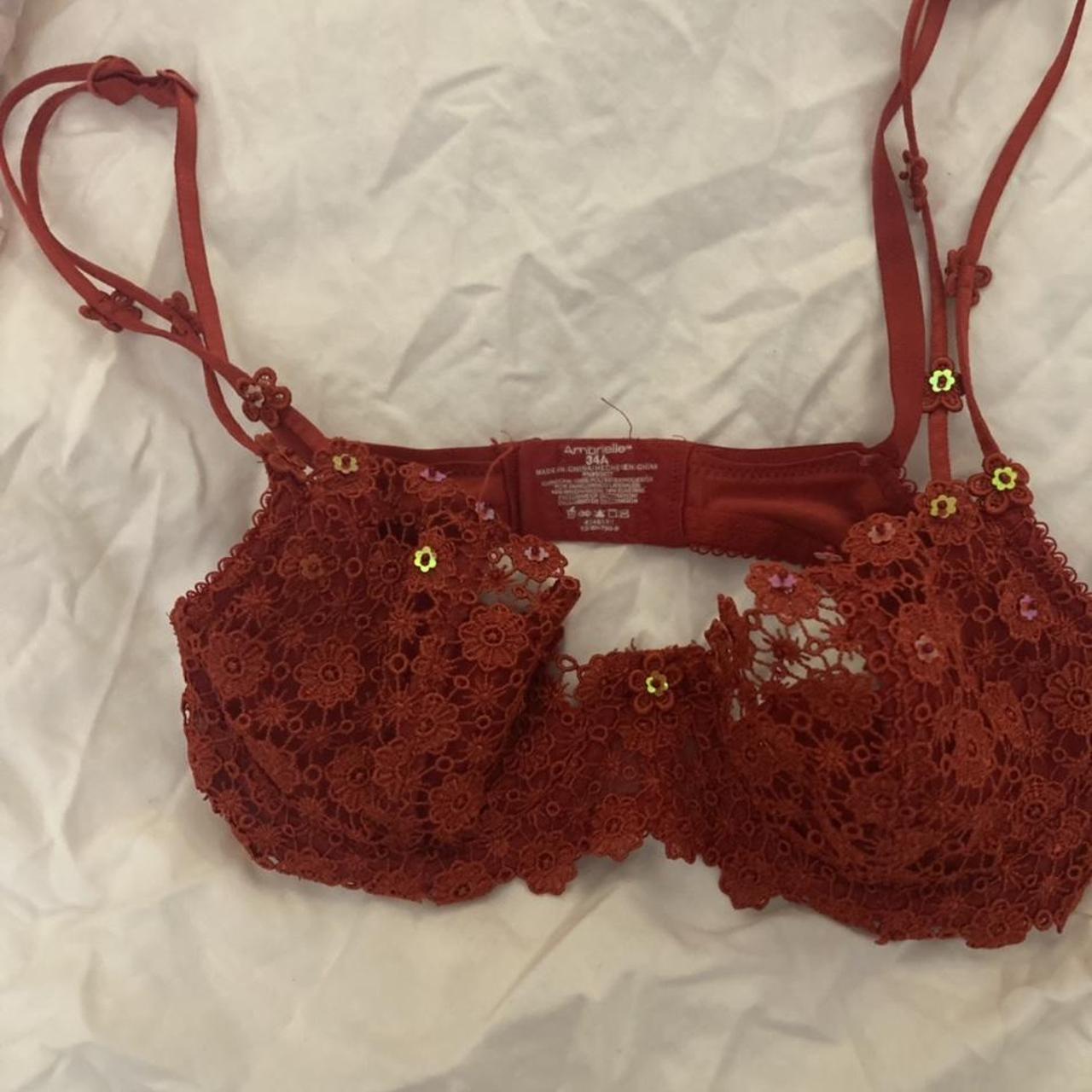 Red lace bra with beaded and sequin... - Depop