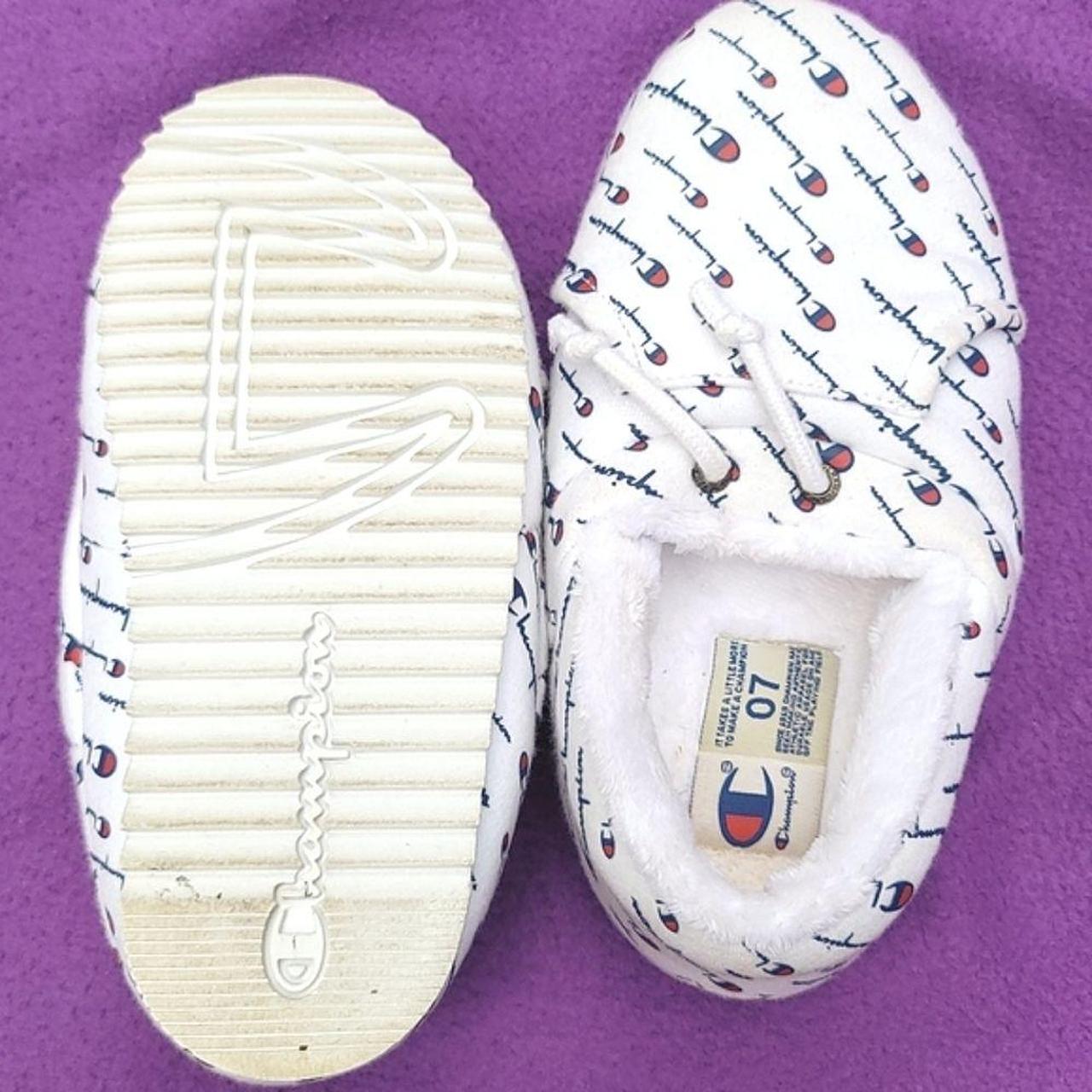 White Champion university loafer slippers size 7.... - Depop
